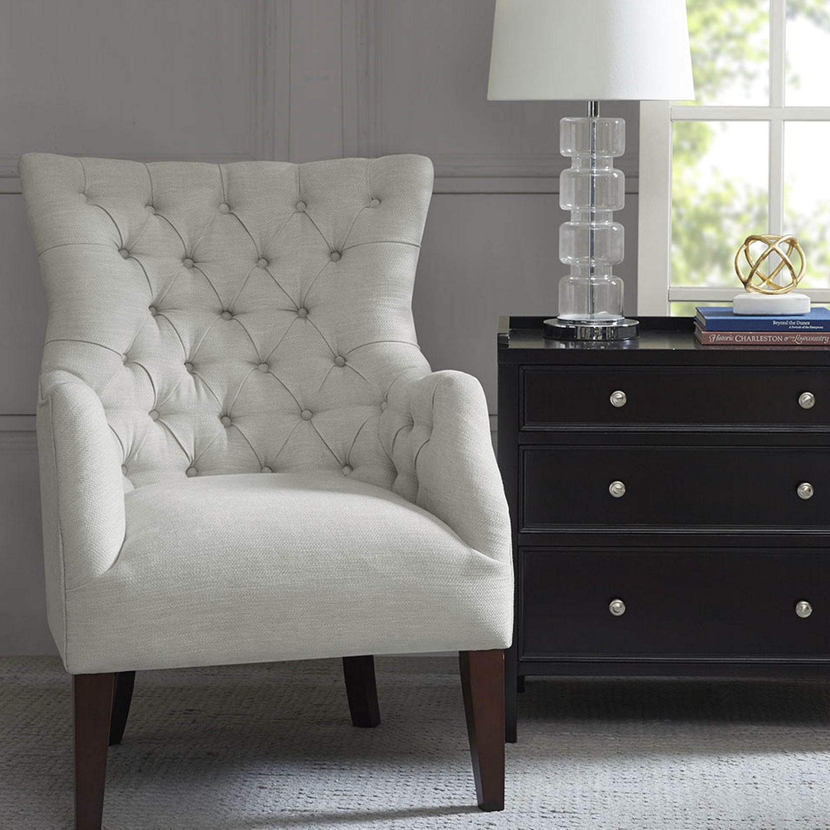Solid Wood Frame Wing Chair with Button Tufting | High Density Foam ...