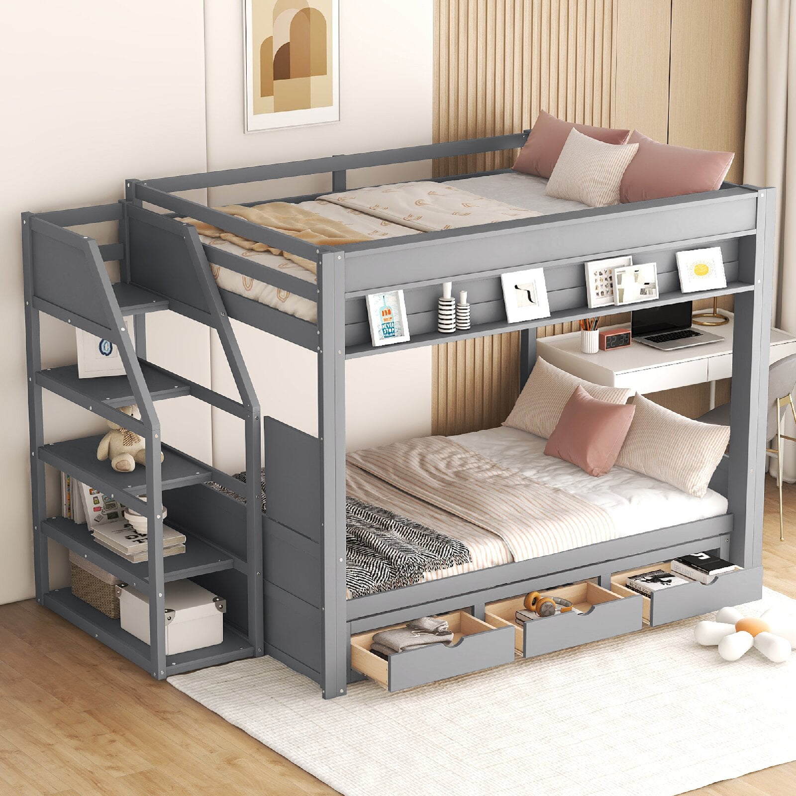 Solid Wood Full Size Convertible Bunk Bed with 3 Drawers, Harper ...