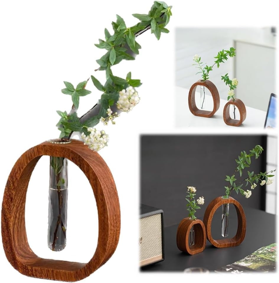 Solid Wood Glass Vase, Walnut Wood and Glass Flower Vase, Frame Glass ...