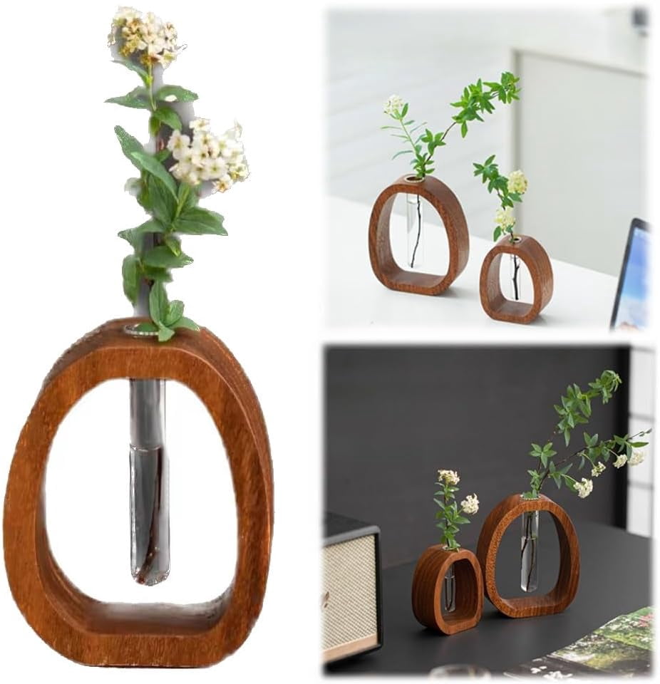 Solid Wood Glass Vase, Walnut Wood and Glass Flower Vase, Frame Glass ...