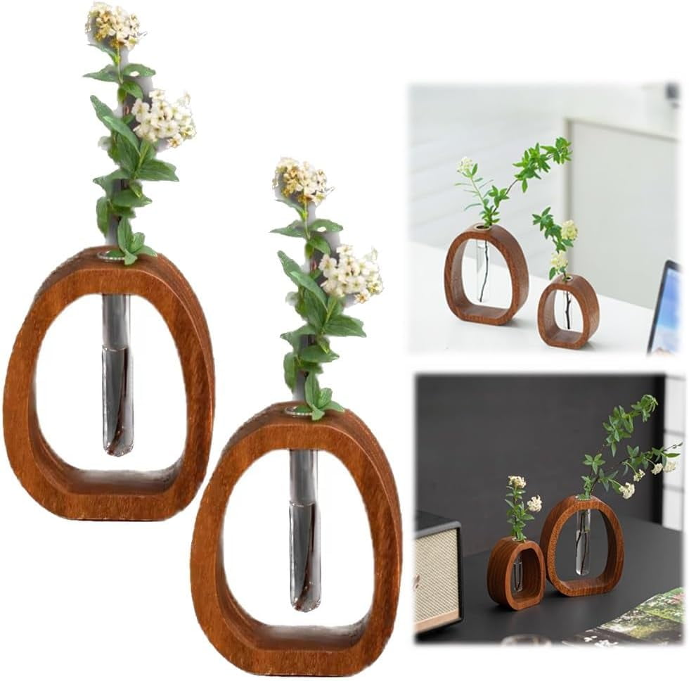 Solid Wood Glass Vase, Walnut Wood and Glass Flower Vase, Frame Glass ...