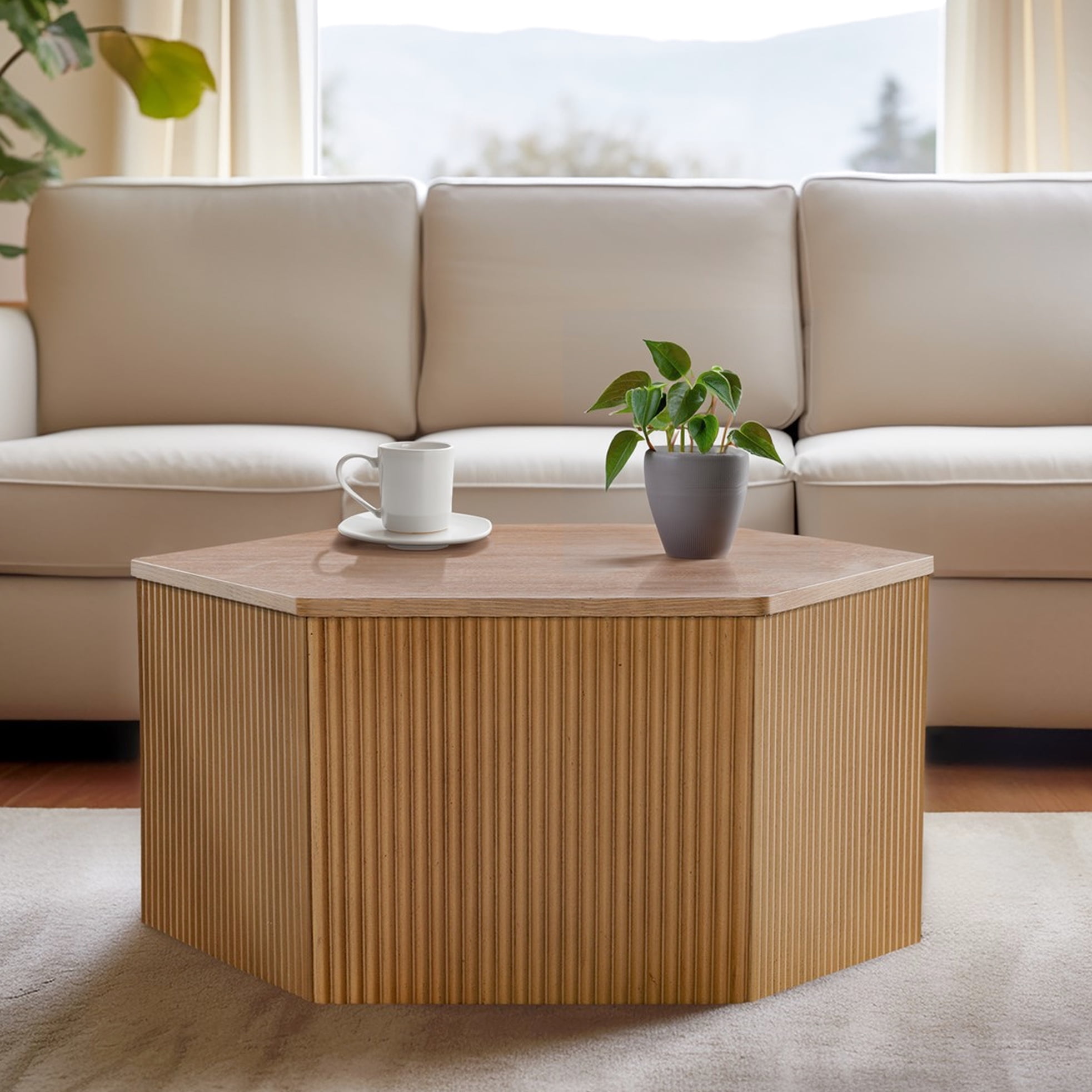 Solid Wood Hexagon Side Table, Fluted Design, Versatile Use Contemporary Wood, Elegant Look ...