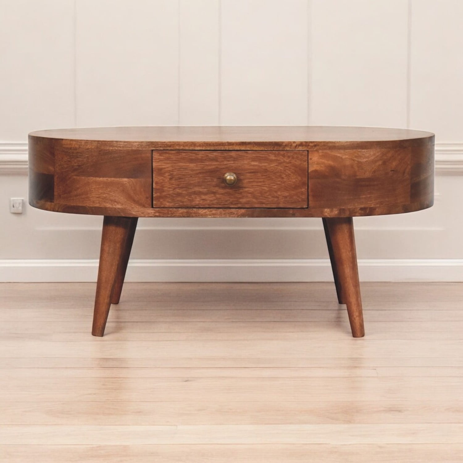 Solid Wood Honey Caramel Coffee Table, 2-Drawer, Nordic Legs, Brown ...