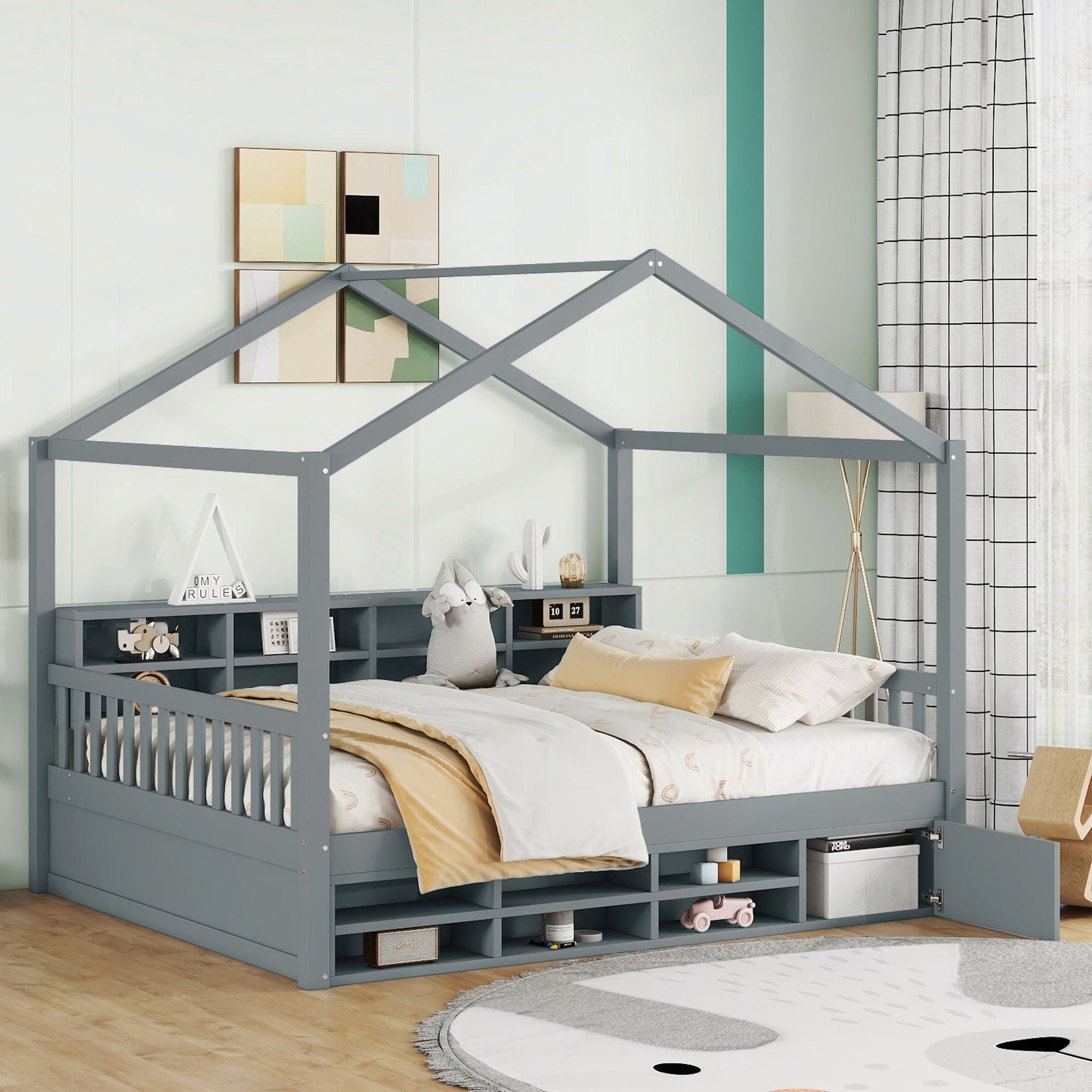 Solid Wood House Bed Frame with Shelves and a Mini-cabinet, Platform ...