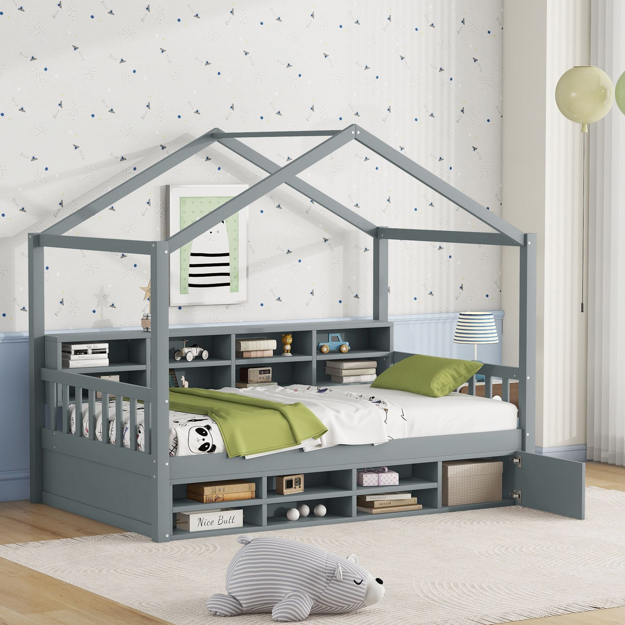 Solid Wood House Bed Frame with Shelves and a Mini-cabinet, Platform ...