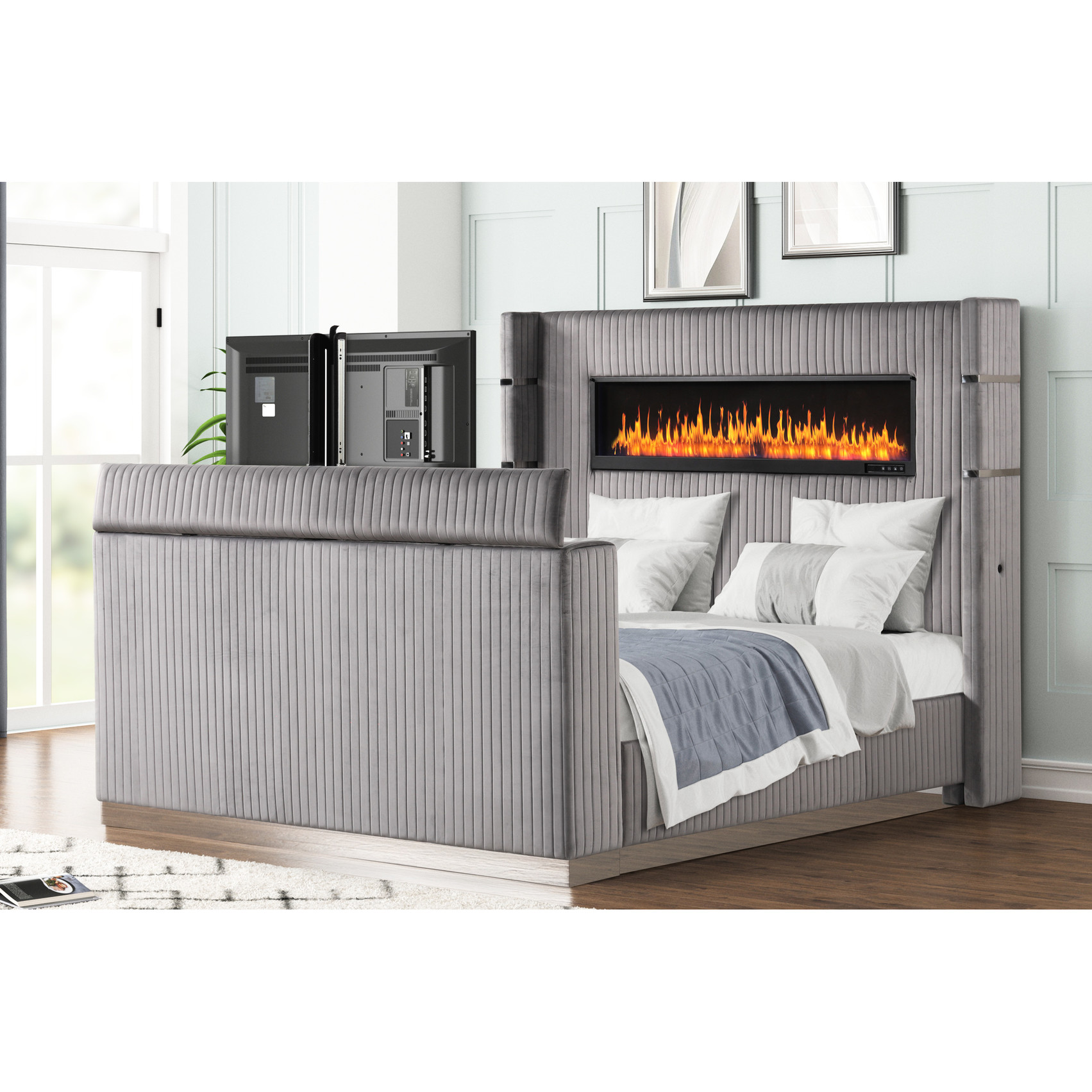 Solid Wood King Bed | Includes Fireplace Display and TV Stand for ...