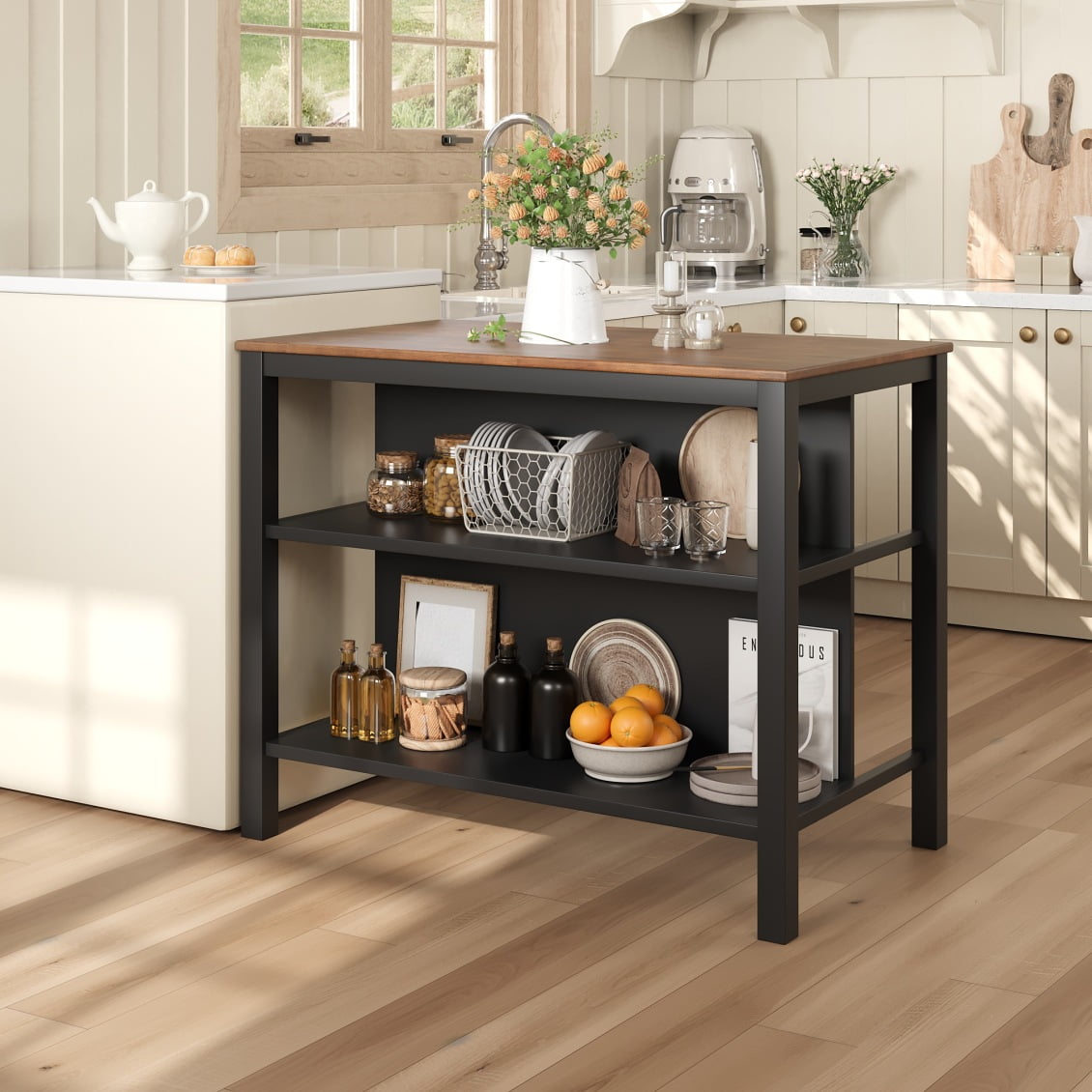 Solid Wood Kitchen Island with 2 Open Shelves and 45-Inch Rustic ...