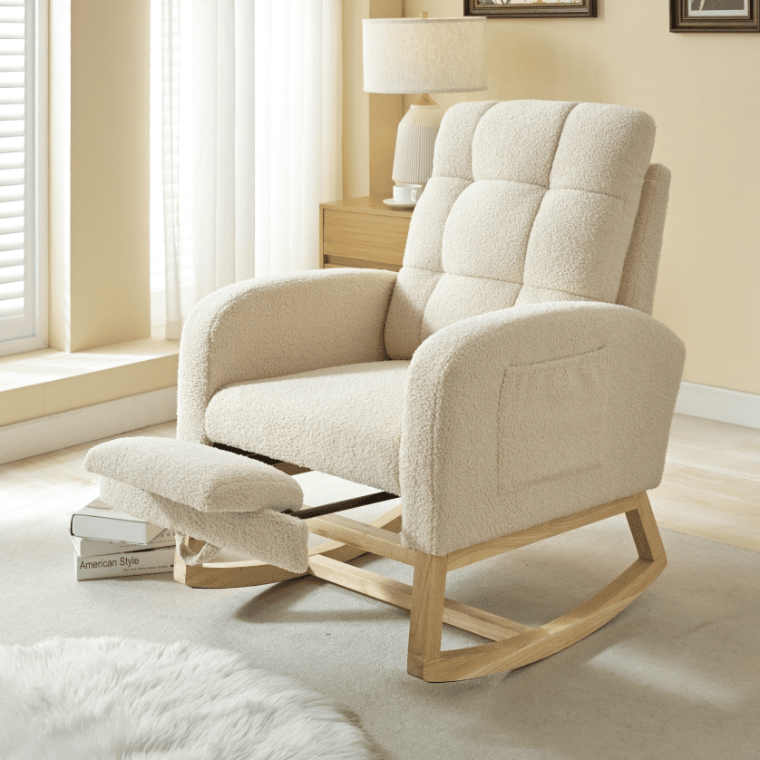 Solid Wood Legs Rocking Chair with Adjustable Footrest & High Back ...