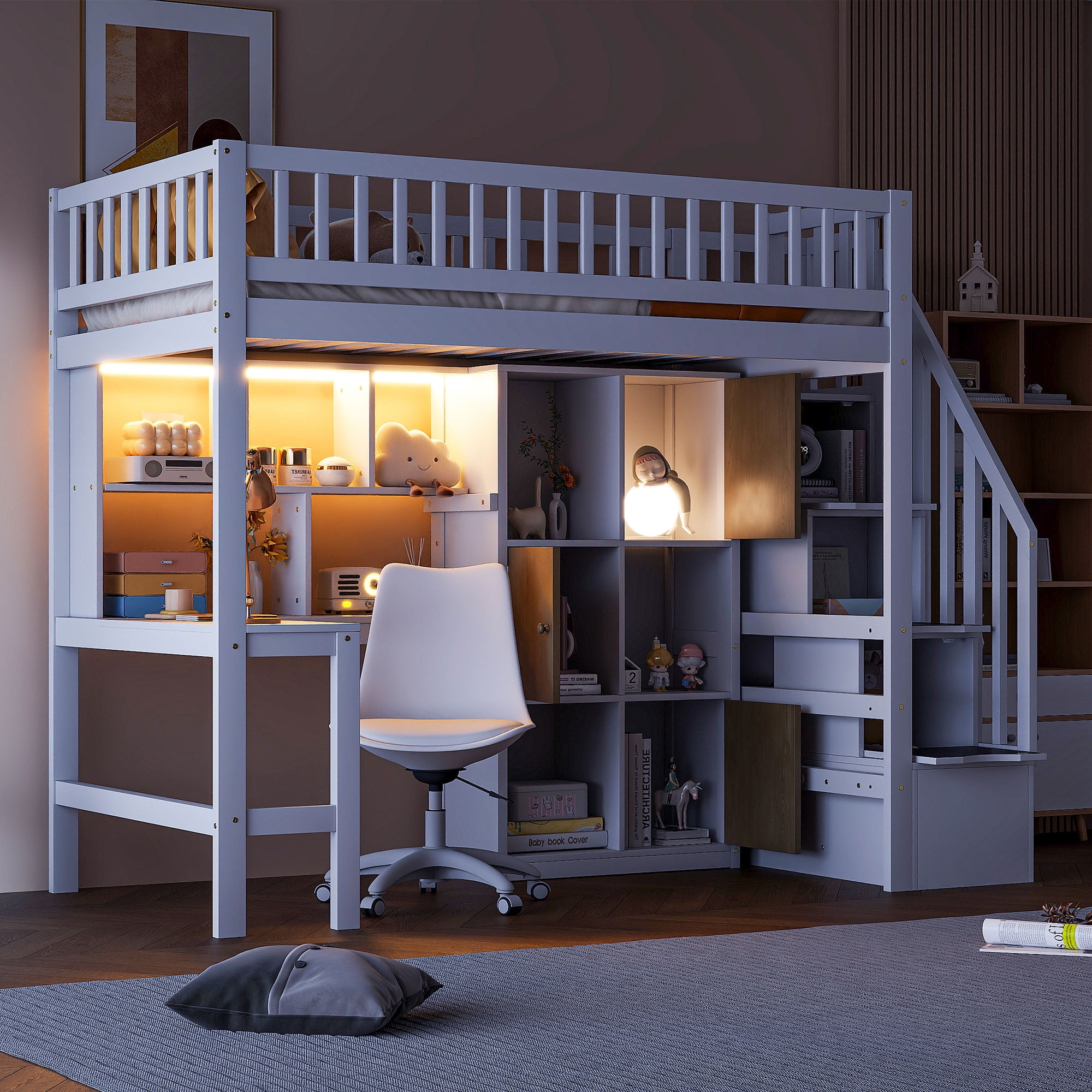 Solid Wood Loft Bed with Built-in Desk & LED Lighting, 6 Cabinets ...