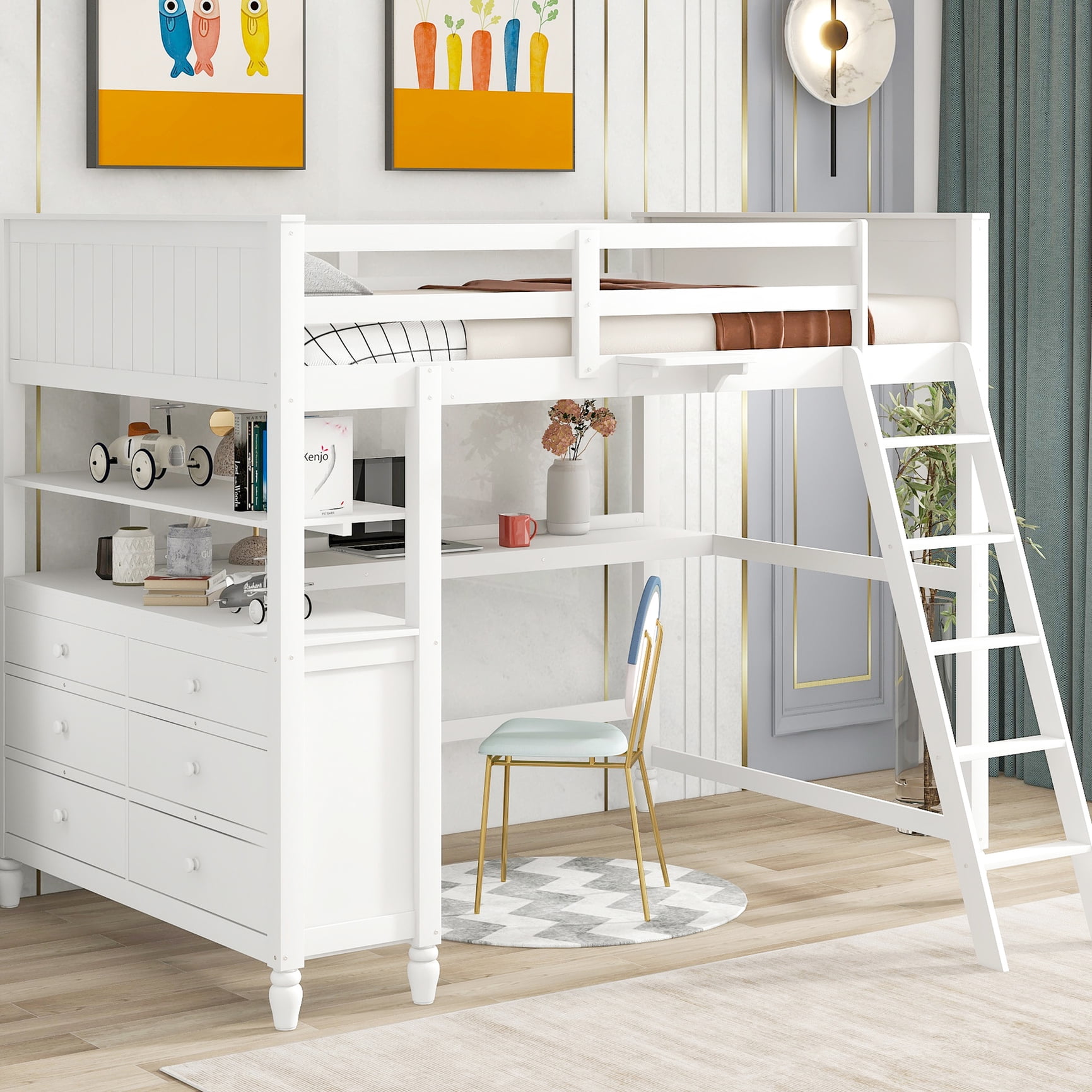 Solid Wood Loft Bed With Shelf And Drawer - Enhance Your Bedroom's Storage Function White Stable ...