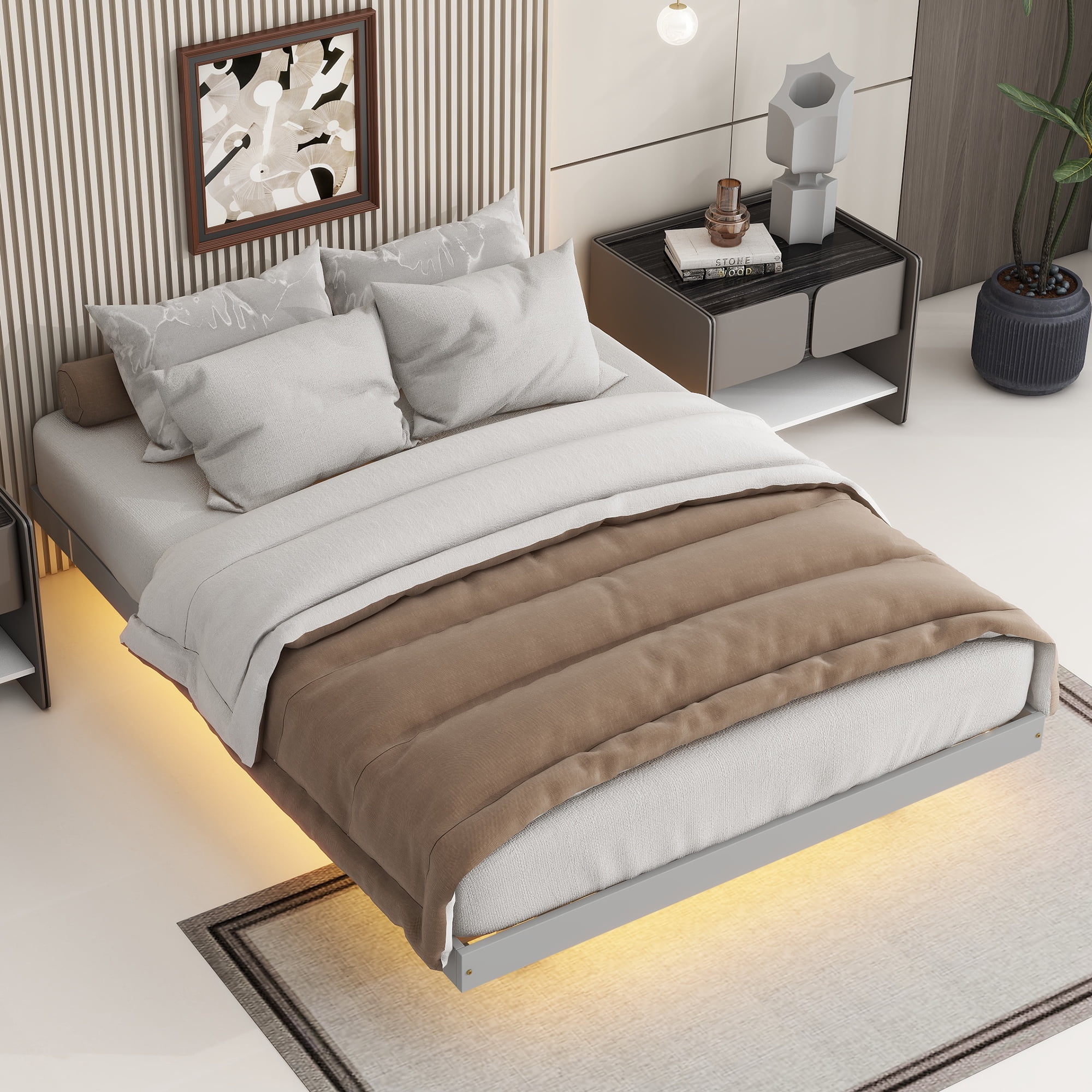 Solid Wood Low Profile Bed Frame with LED Lights Underneath, Floating ...