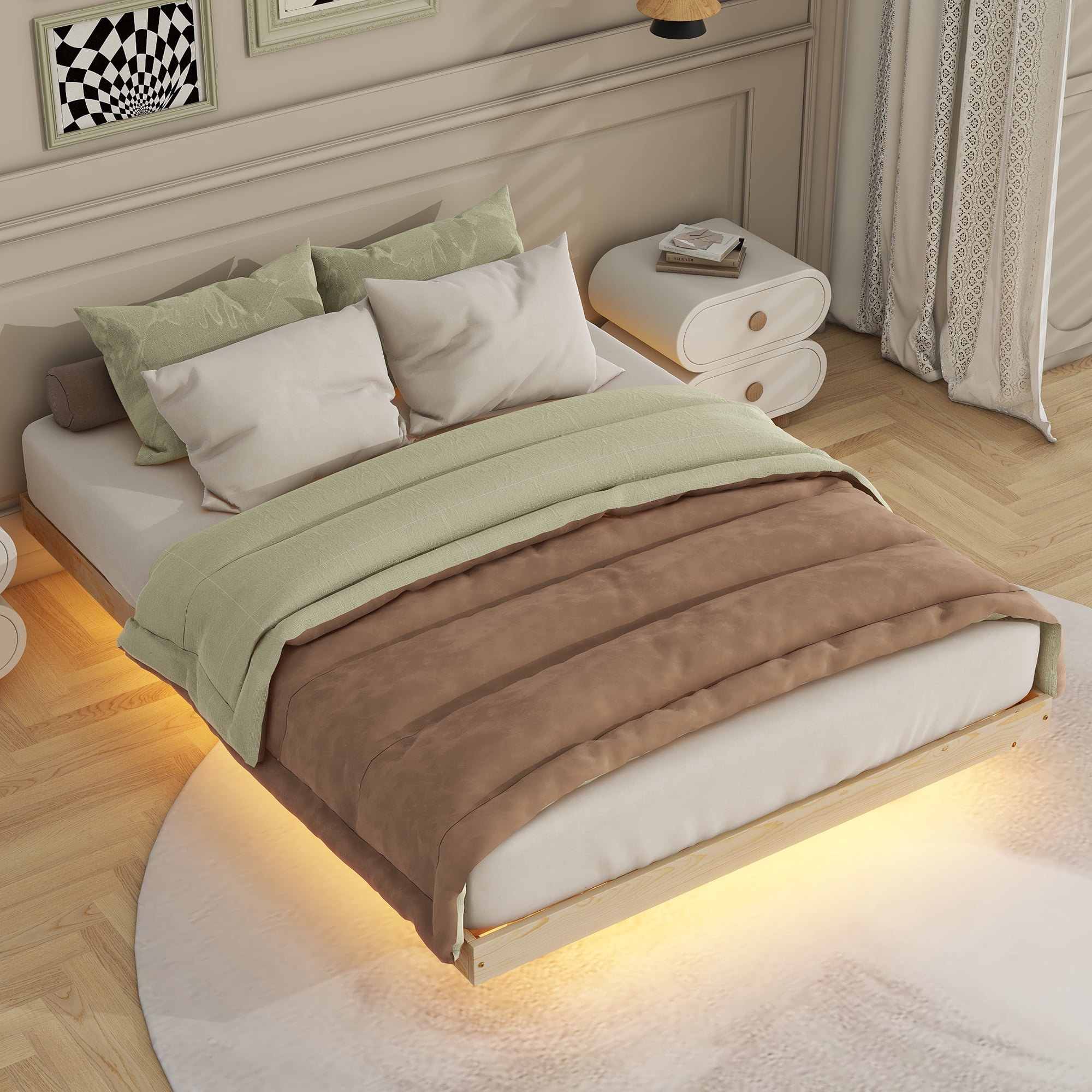 Solid Wood Low Profile Bed Frame with LED Lights Underneath, Floating ...