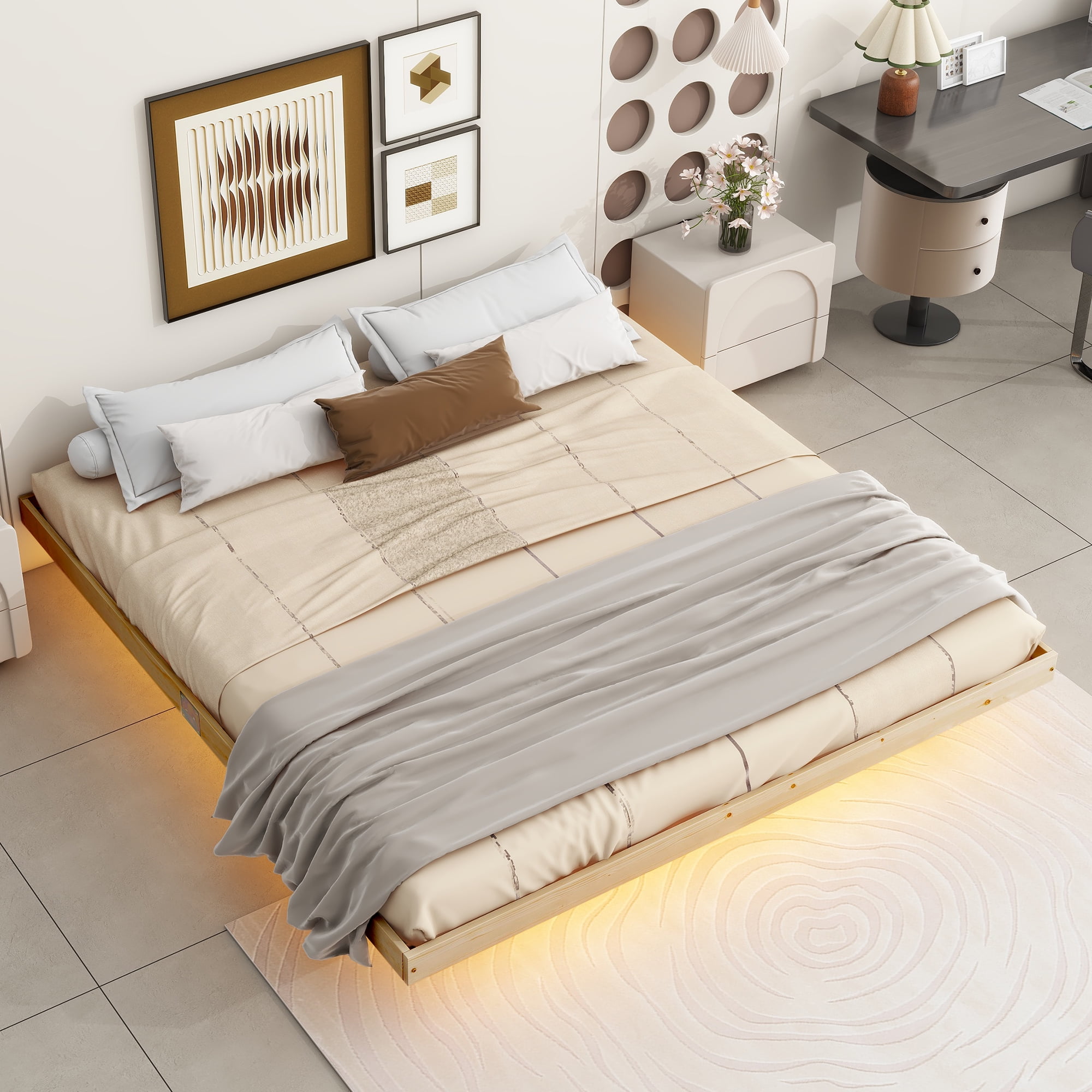 Solid Wood Low Profile Bed Frame with LED Lights Underneath, Floating ...