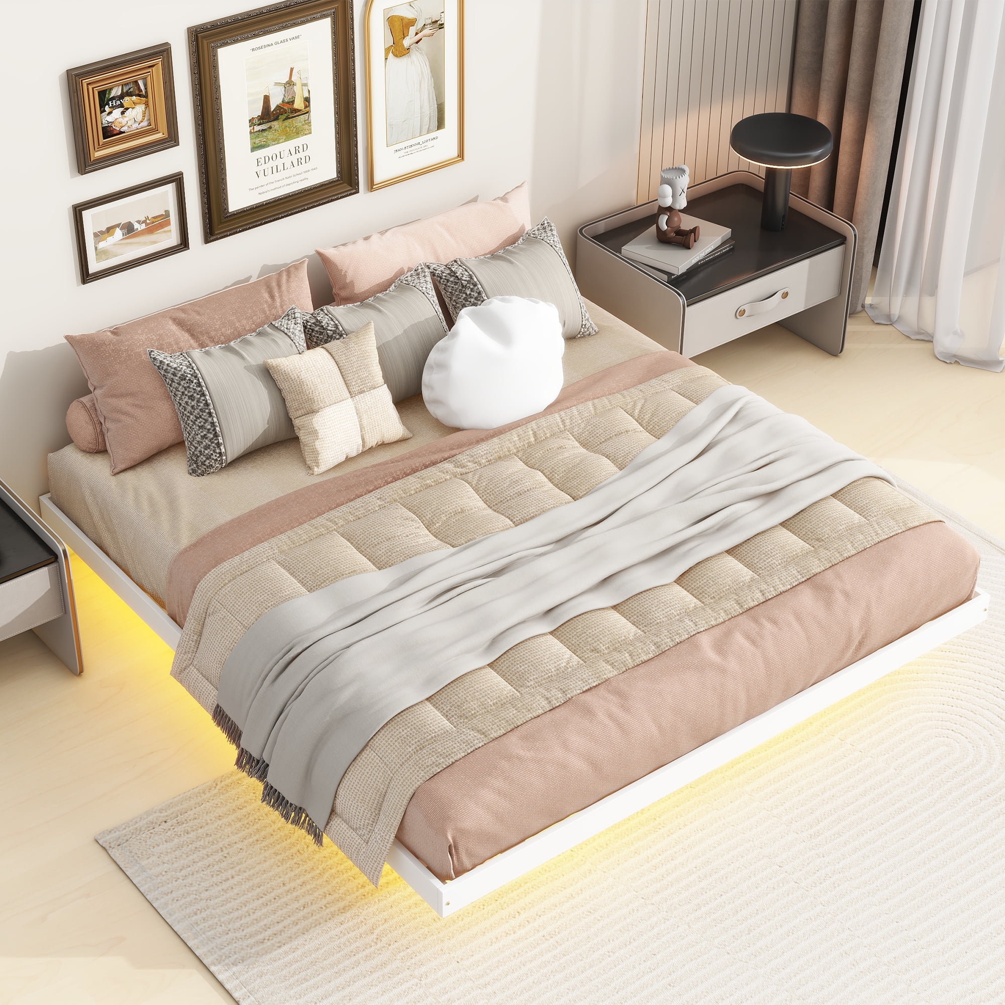 Solid Wood Low Profile Bed Frame with LED Lights Underneath, Floating ...