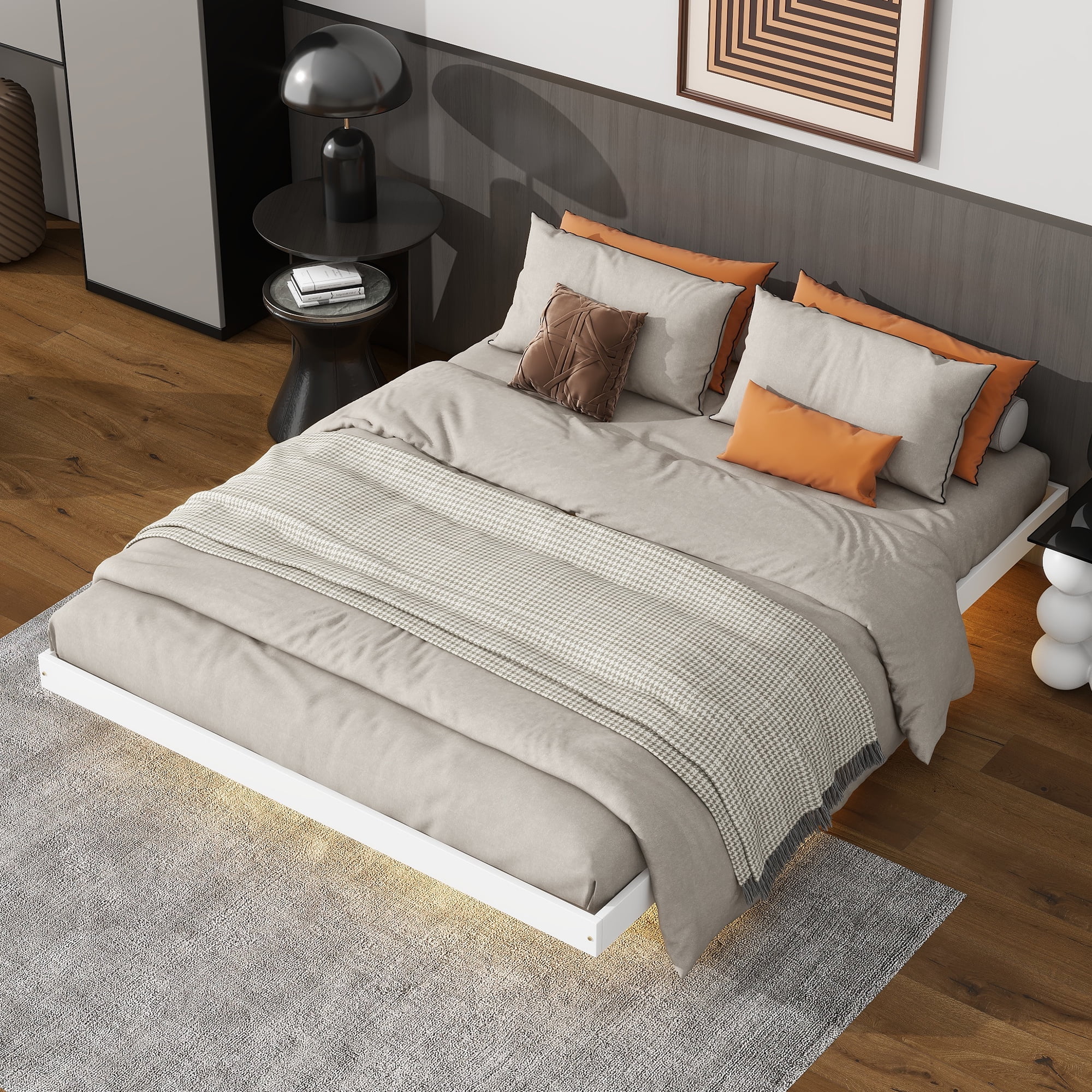 Solid Wood Low Profile Bed Frame with LED Lights Underneath, Floating ...