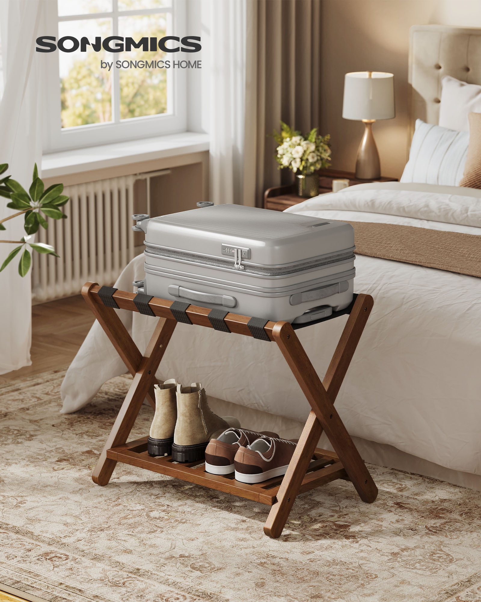 Solid Wood Luggage Rack - Foldable Suitcase Stand with Storage Shelf ...