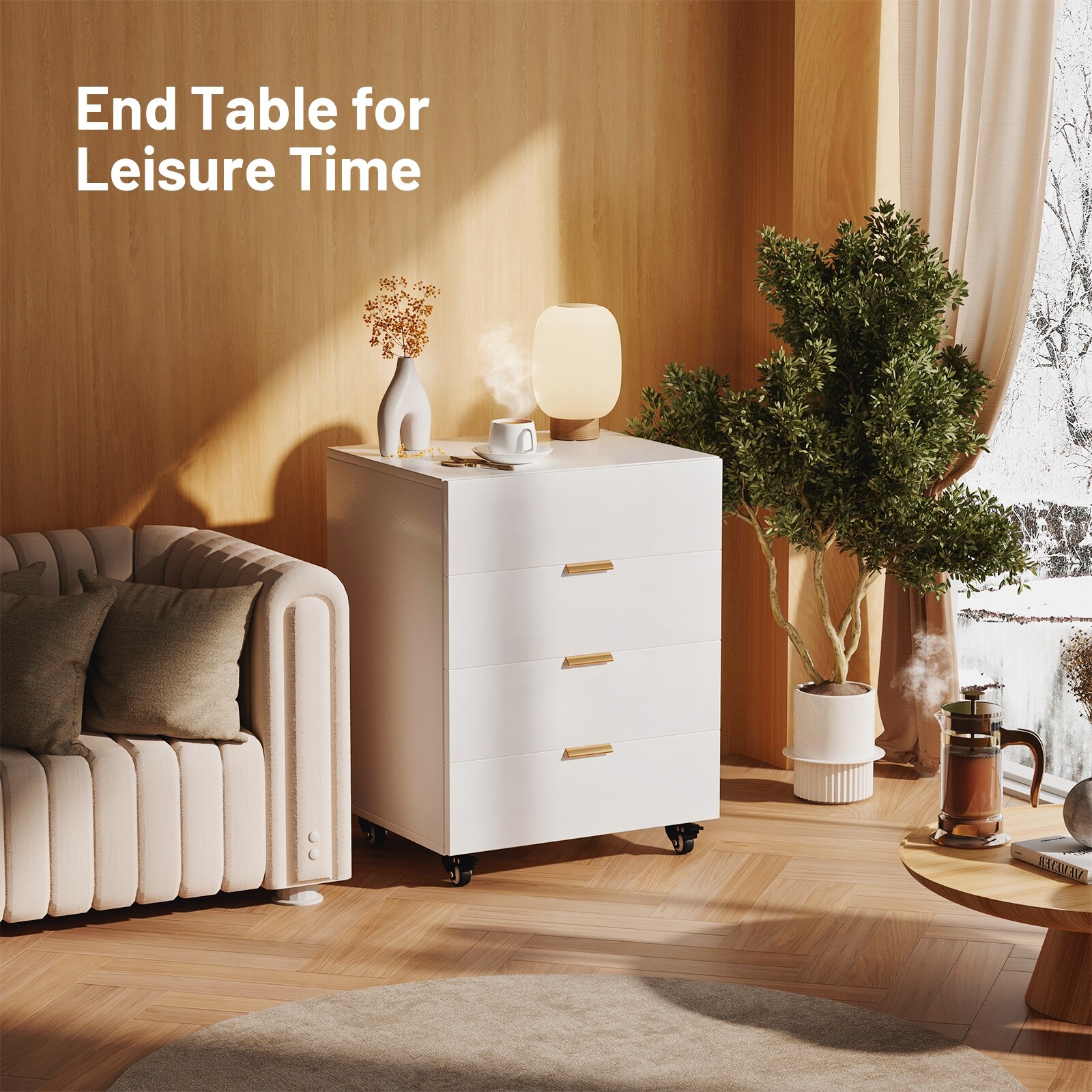 Solid Wood Modern 4 Mobile Drawer Dresser With Wheels for Bedroom ...