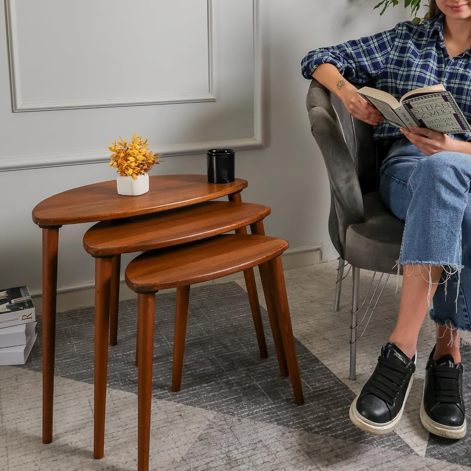 Solid Wood Nesting Tables Set of 3, Half Circle Mid-Century Modern ...