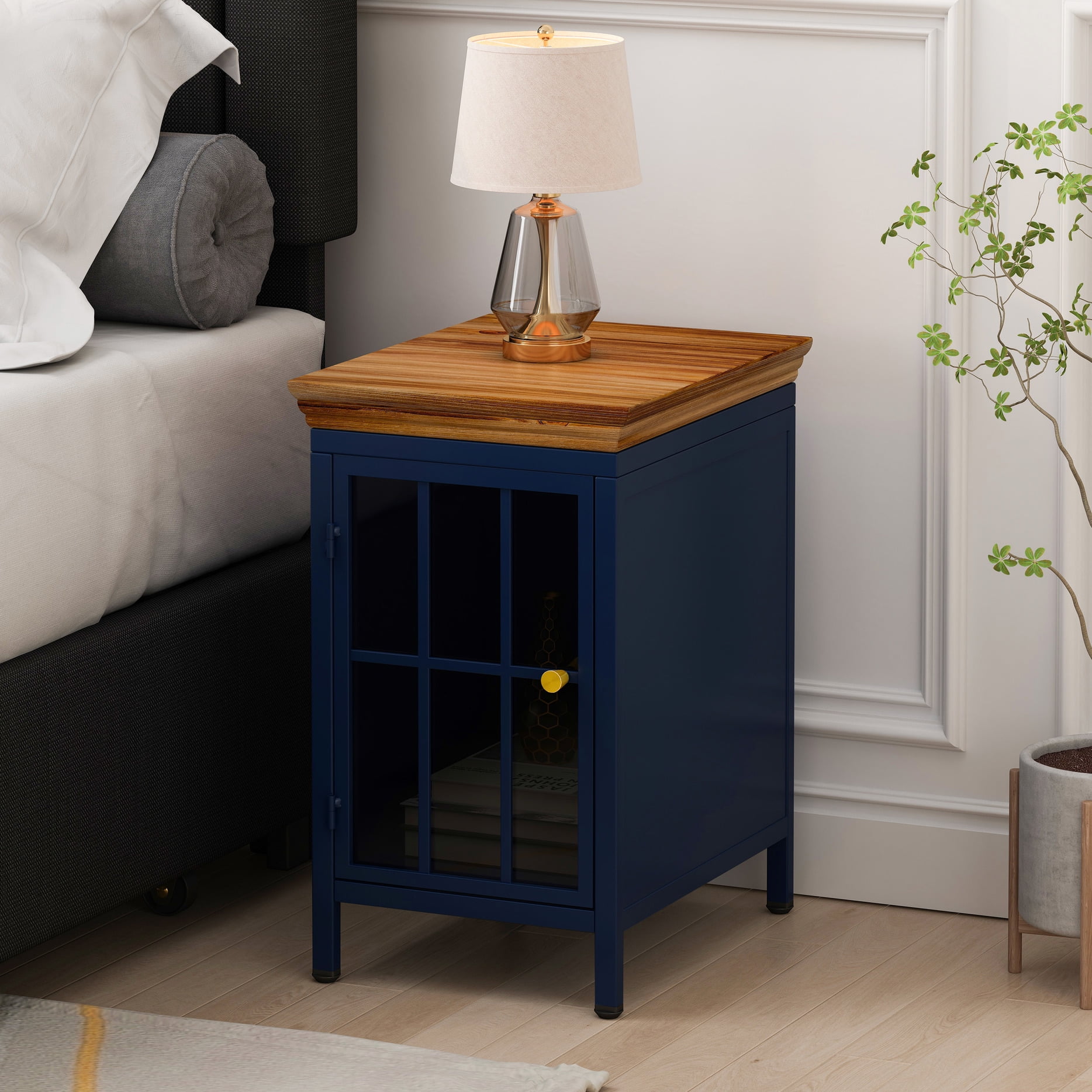 Solid Wood Nightstand In Blue Color - Iron Cabinet And Practical ...
