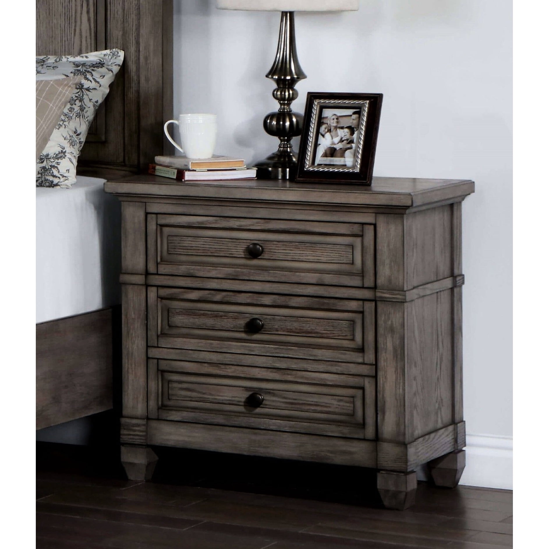 Solid Wood Nightstand In Warm Gray With 3 Drawers, Transitional Brush ...