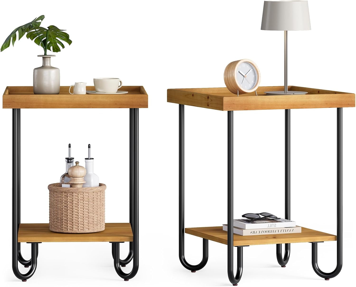 Solid Wood Nightstand Set of 2, Modern Bedside Table with 2-Tier ...