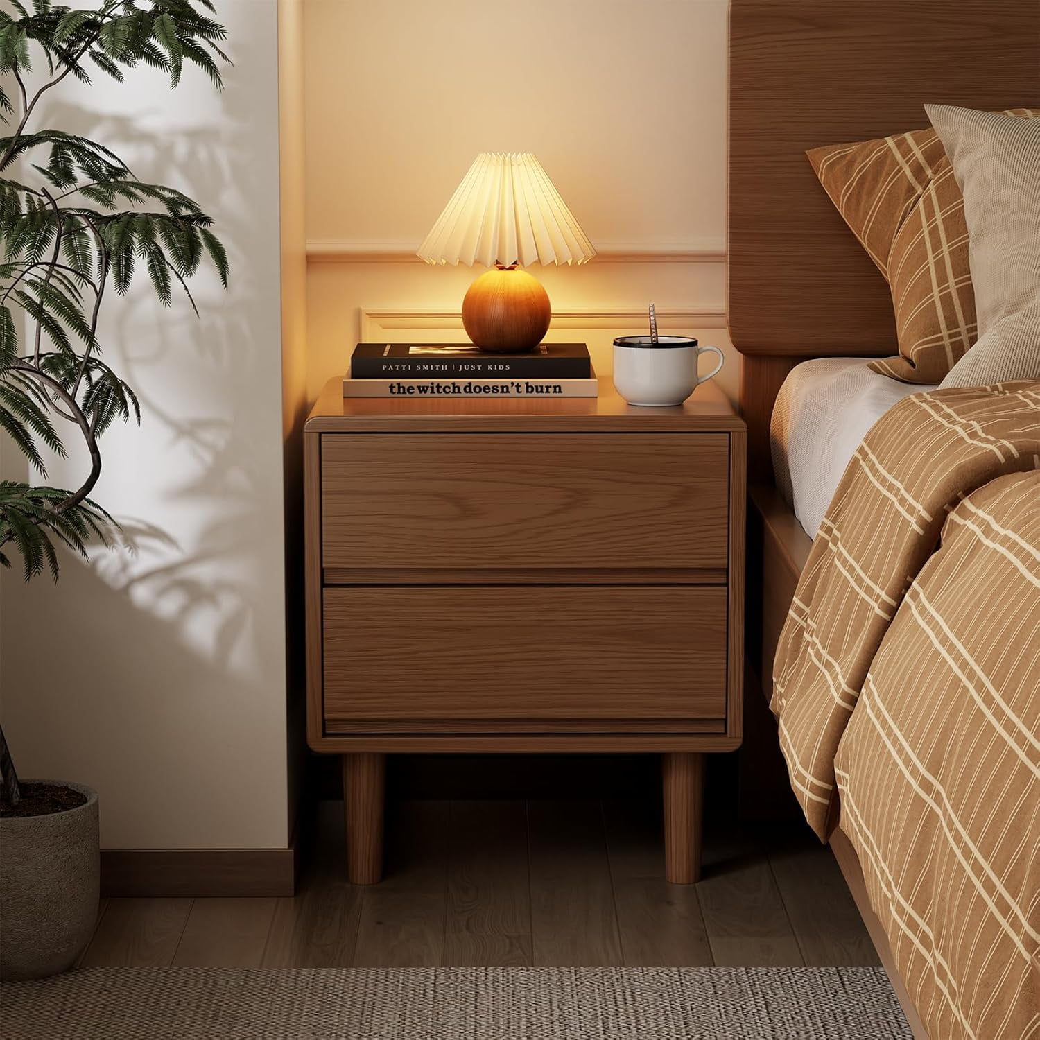 Solid Wood Nightstand,Walnut Night Stand with Drawers,Mid Century ...