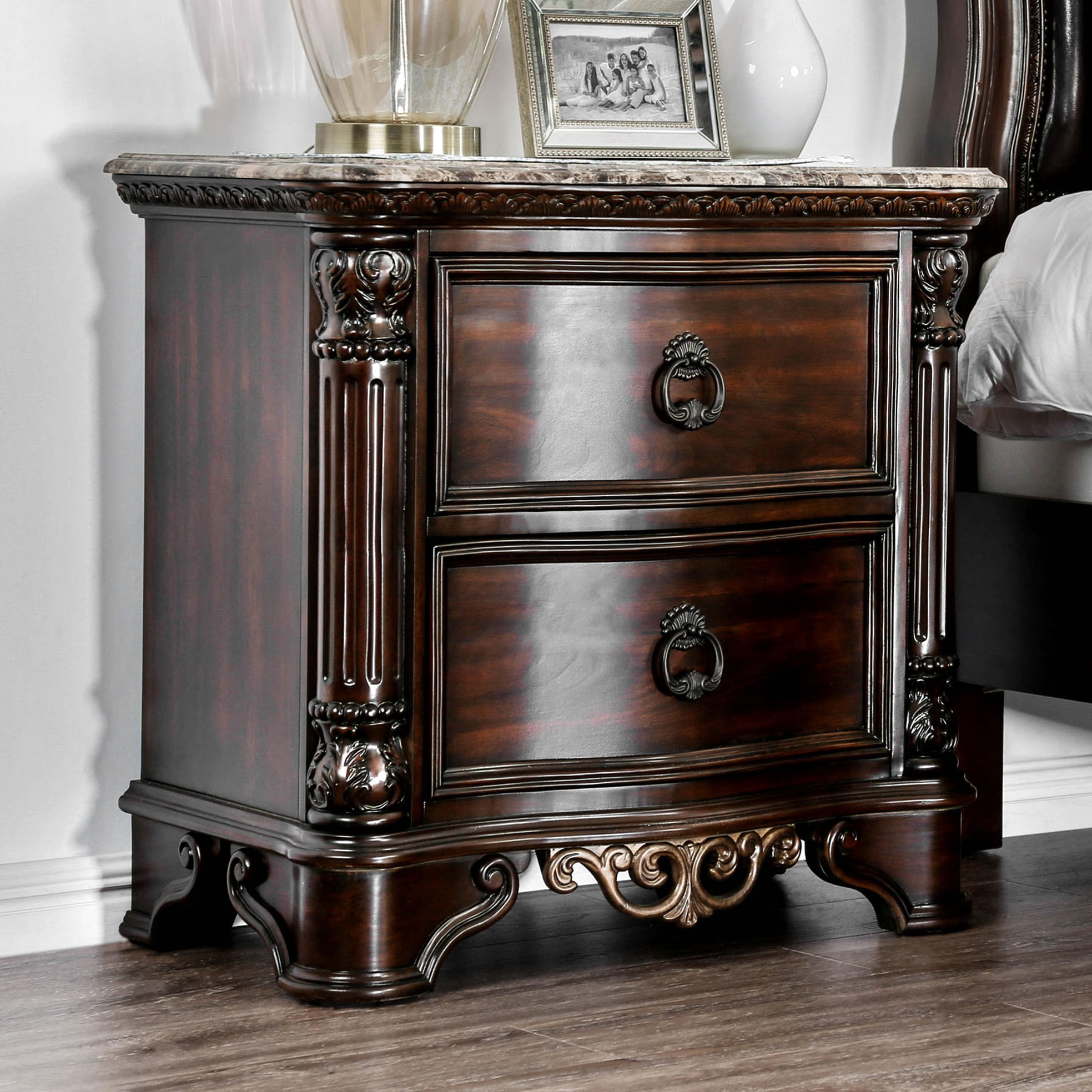Solid Wood Nightstand With 2 Drawers In Brown Cherry, Bearing Metal Slide Tracks For Bedroom ...