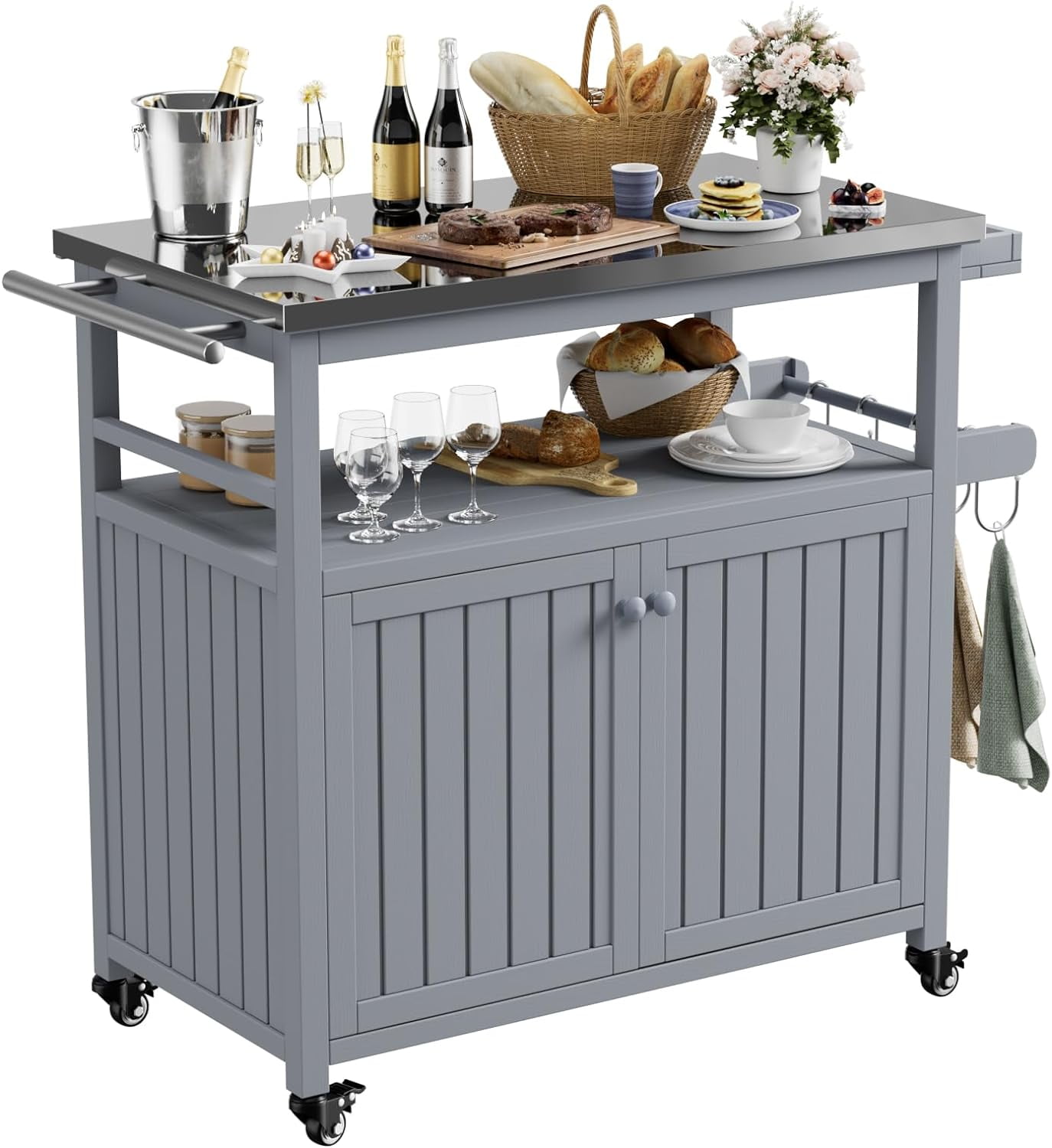 Solid Wood Outdoor Grill Table with Stainless Steel top, Movable Bar ...