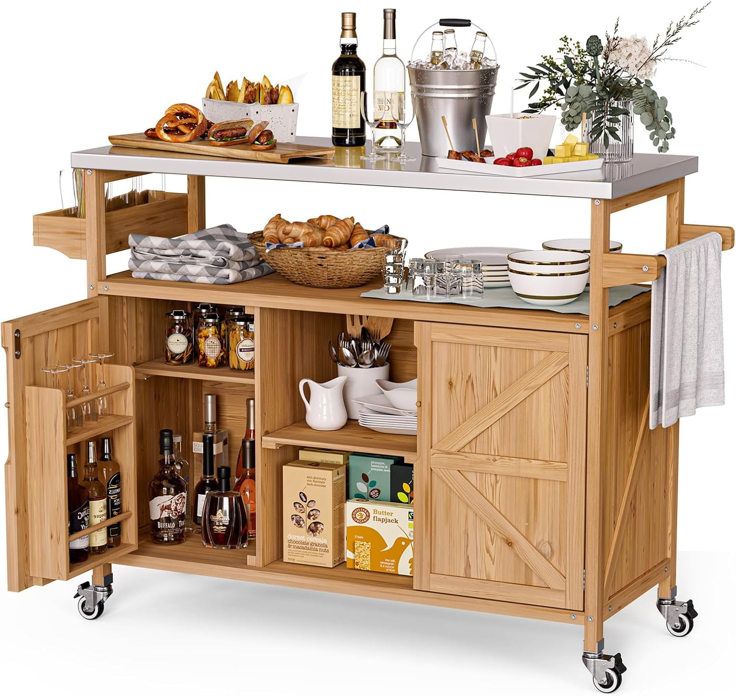 Solid Wood Outdoor Grill Table with Wheels and Storage Cabinet, Movable ...