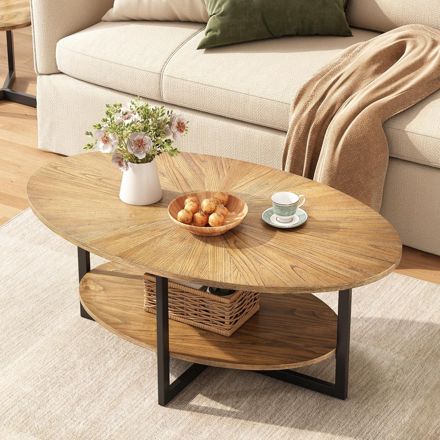 Solid Wood Oval Coffee Table with Cross Metal Legs, 43.3in Modern ...