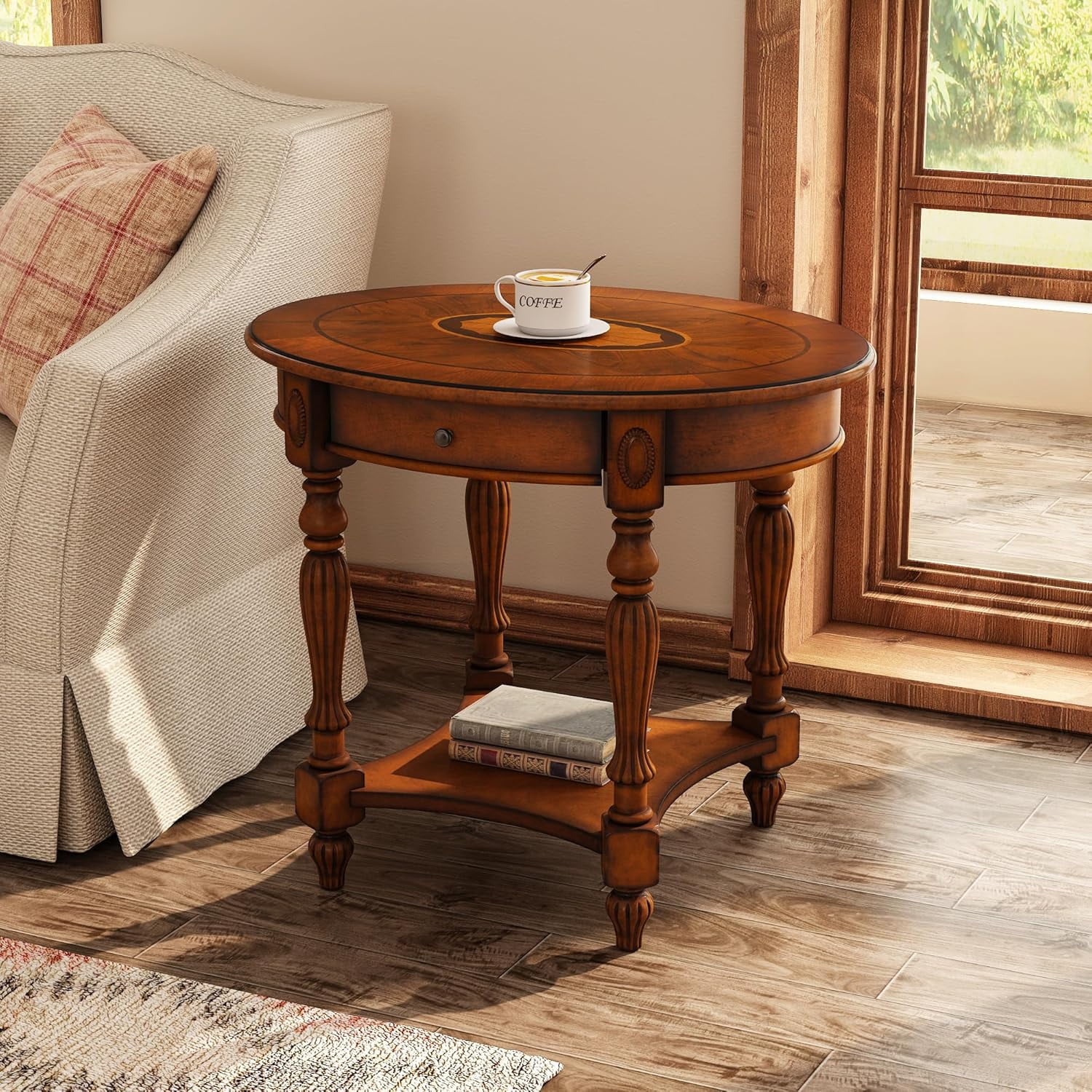 Solid Wood Oval End with Drawer and Storage Shelf Traditional Vintage ...