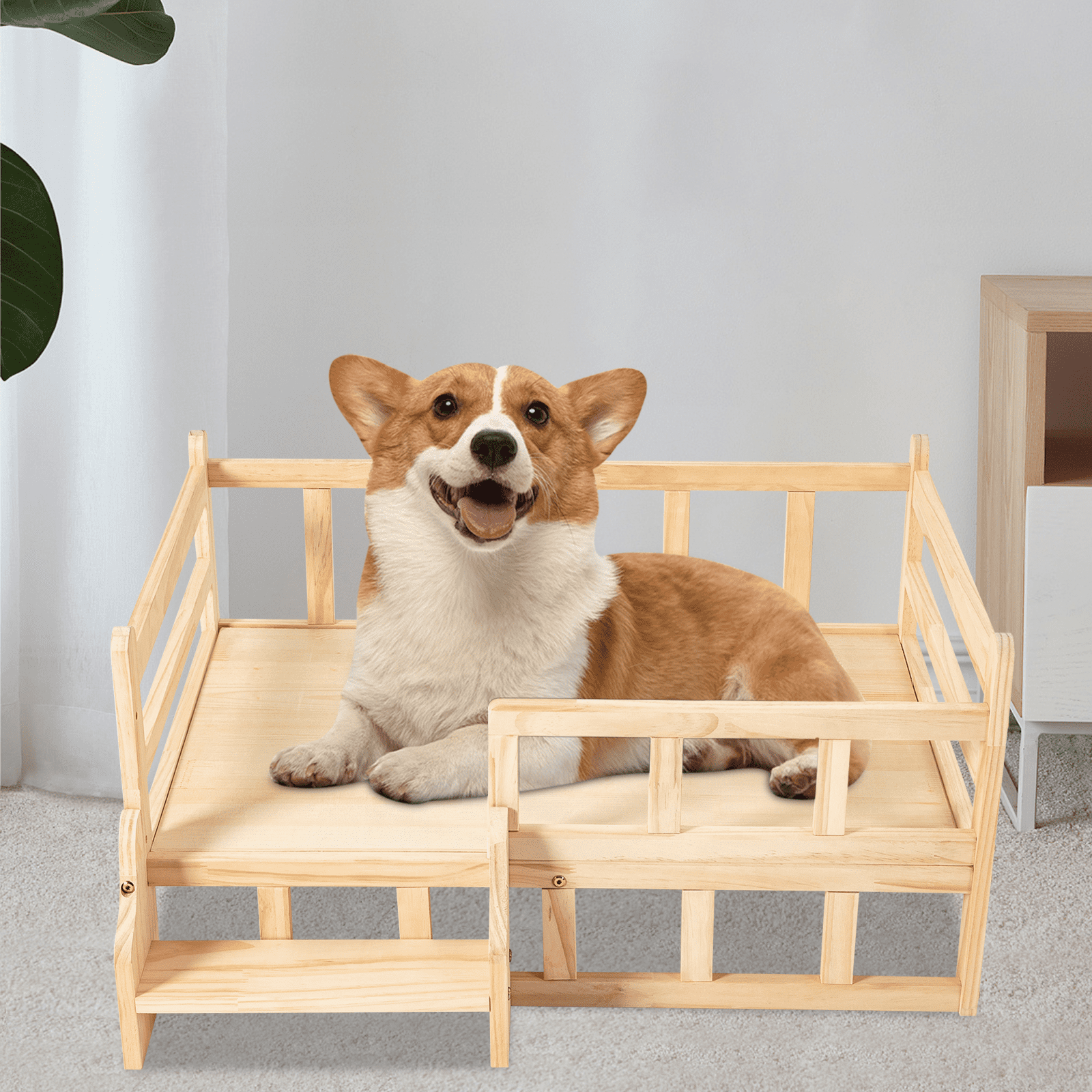 Solid Wood Pet Bed Wooden Dog Cat Bed Frame Pet Furniture with Stairs ...