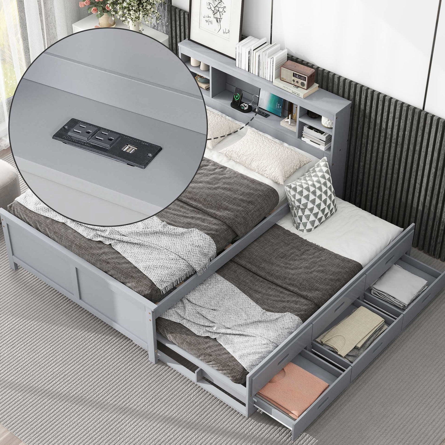 Solid Wood Platform Bed | Bedroom Storage and Trundle Function ...