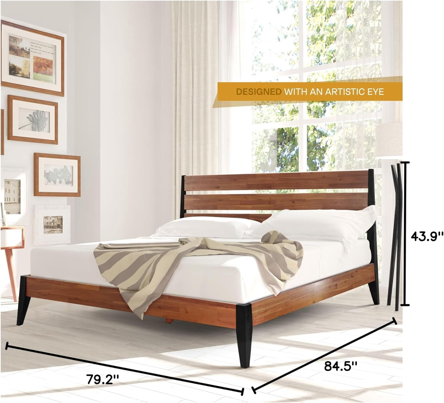 Solid Wood Platform Bed Frame with Headboard, Scandinavian Design, King ...