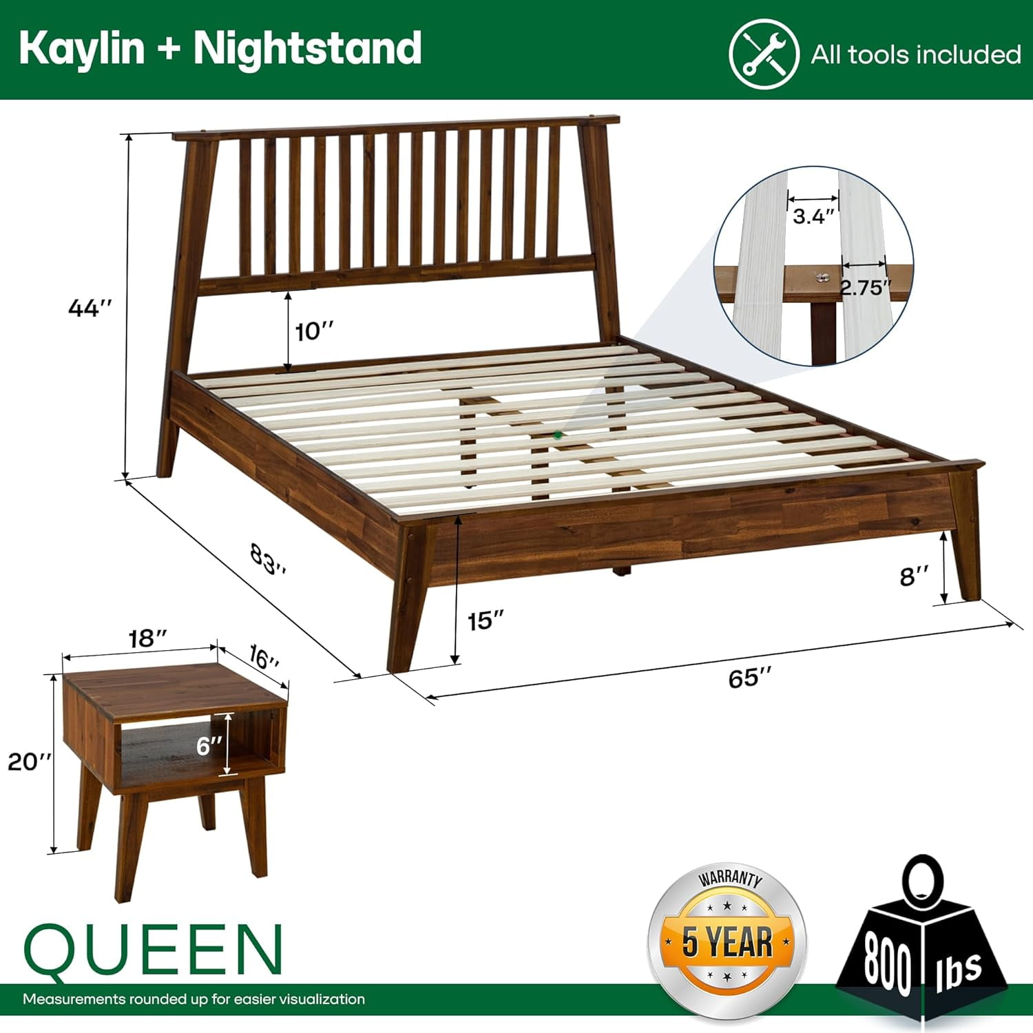 Solid Wood Platform Bed Frame with Matching Nightstand, Size, Mid ...