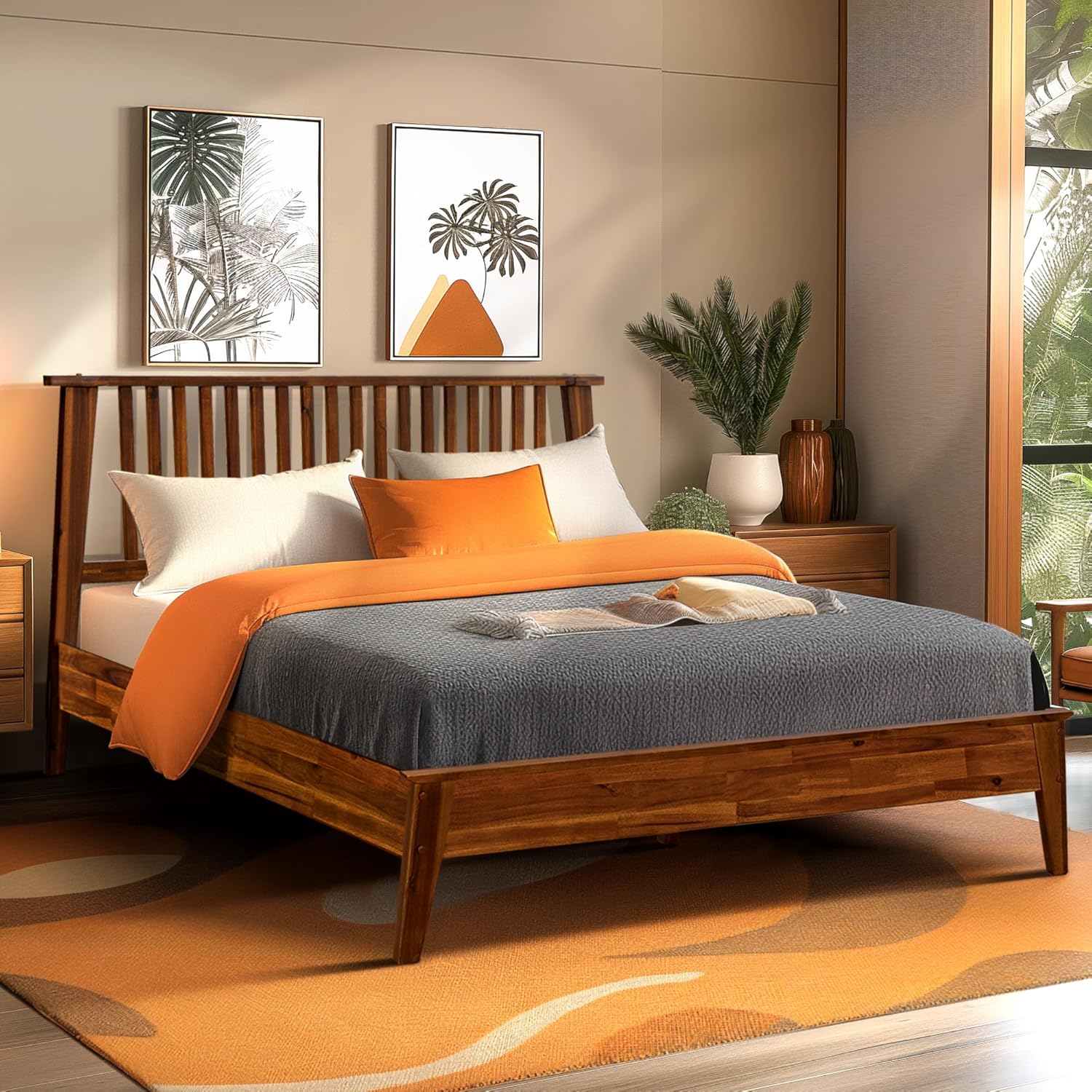 Solid Wood Platform Bed Frame with Themed Headboard - Size, Acacia Wood ...