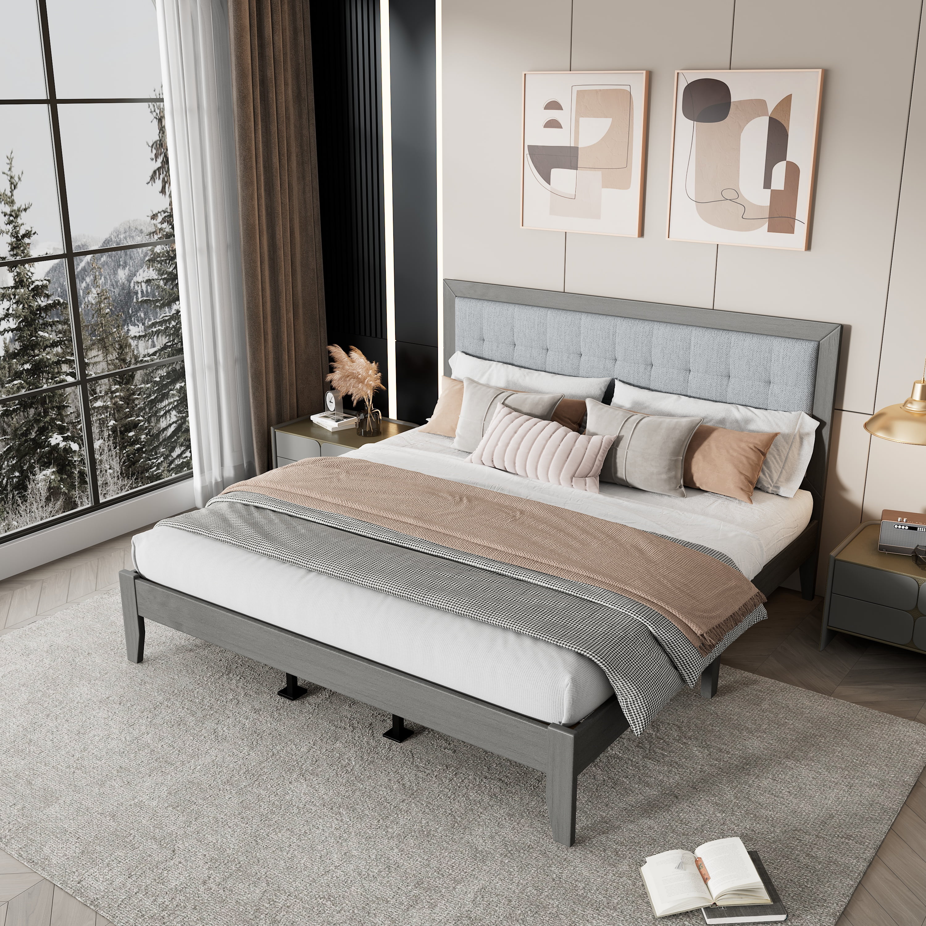 Solid Wood Platform Upholstered Headboard King Bed - Walmart.com