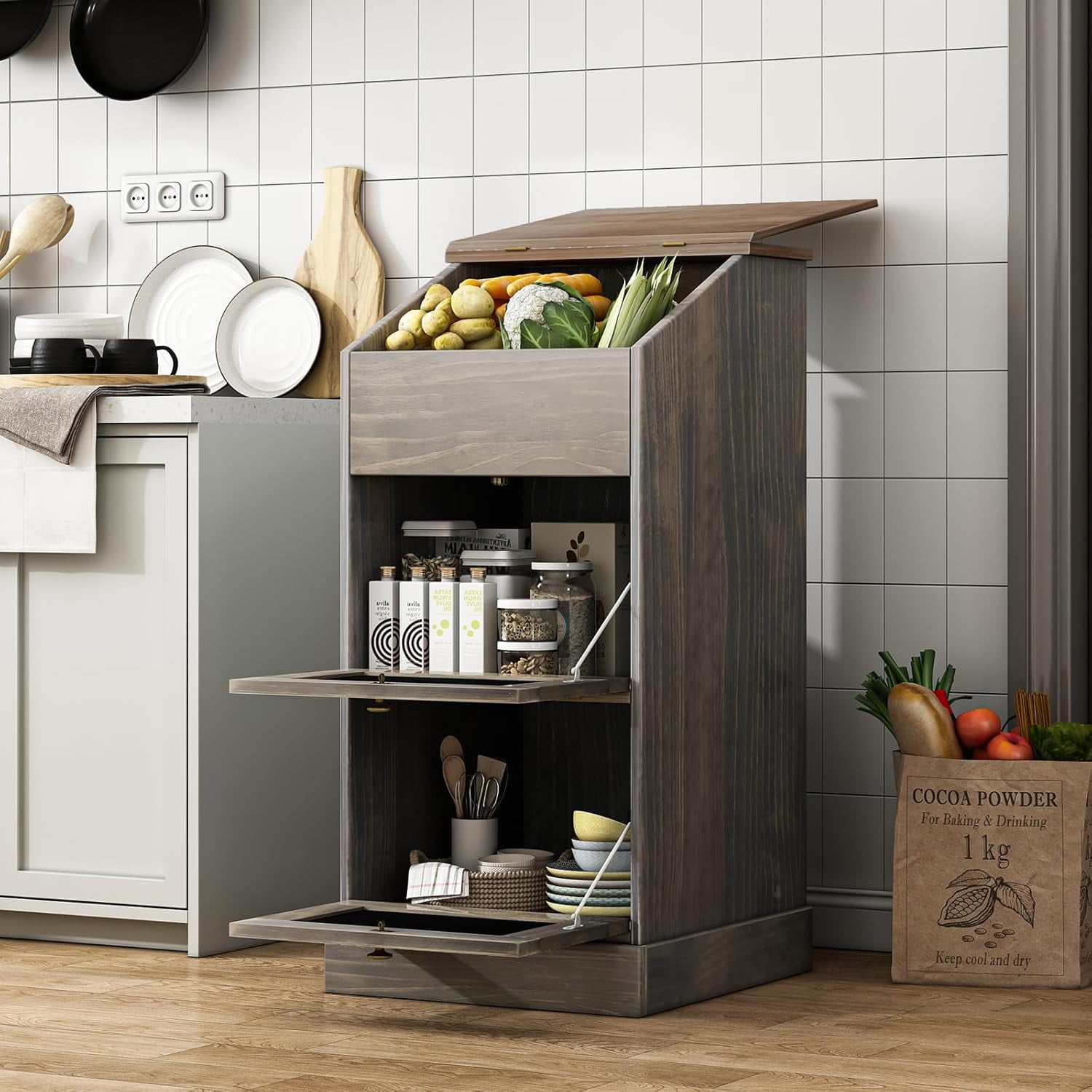 Solid Wood Potato Storage Cabinets, Farmhouse 3 Tiers Storage Box for ...