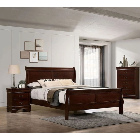 Solid Wood Queen Sleigh Bed in Cherry Finish, Transitional Style Bed ...
