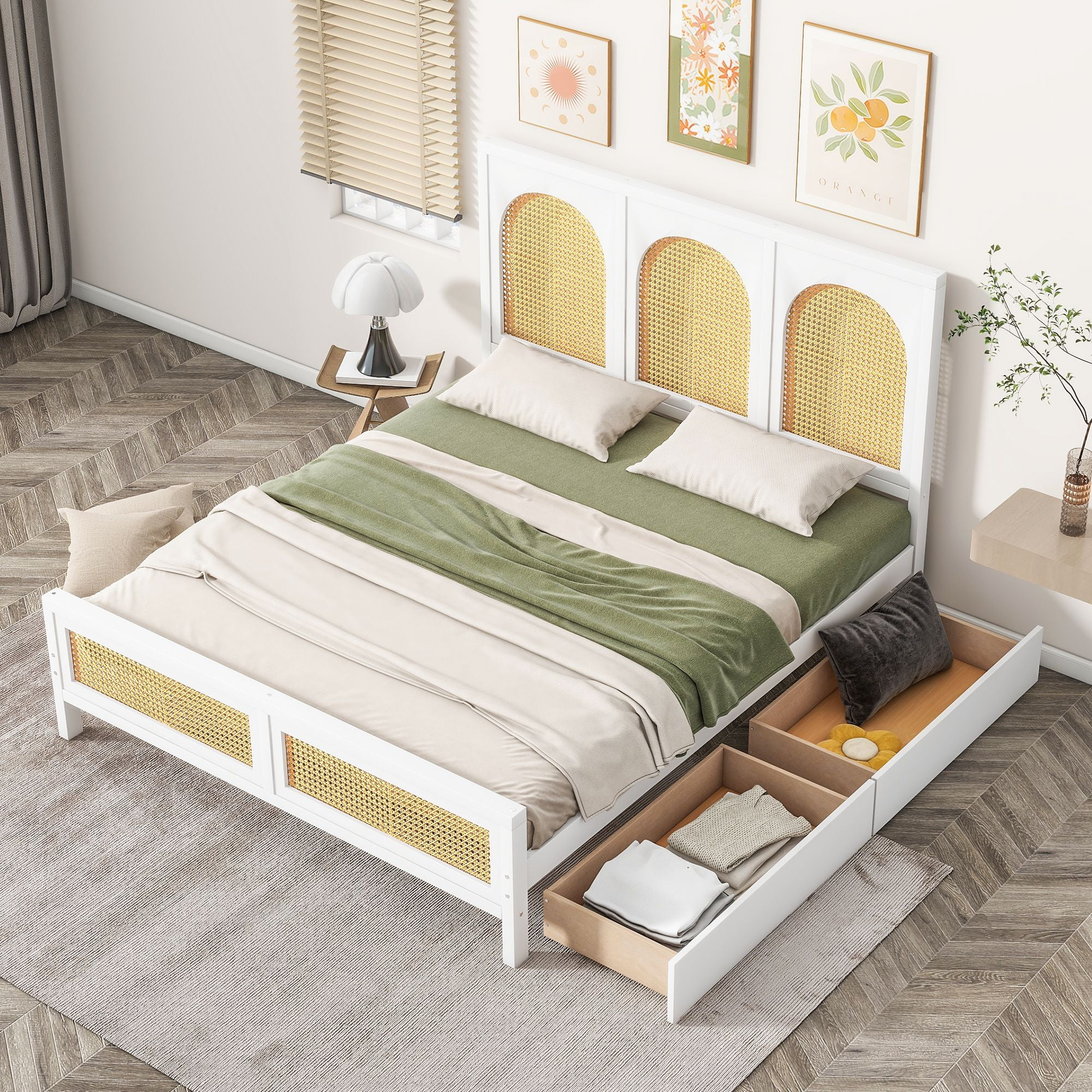 Solid Wood Rattan Bed Frame with 2 Drawers, Rattan Headboard and ...