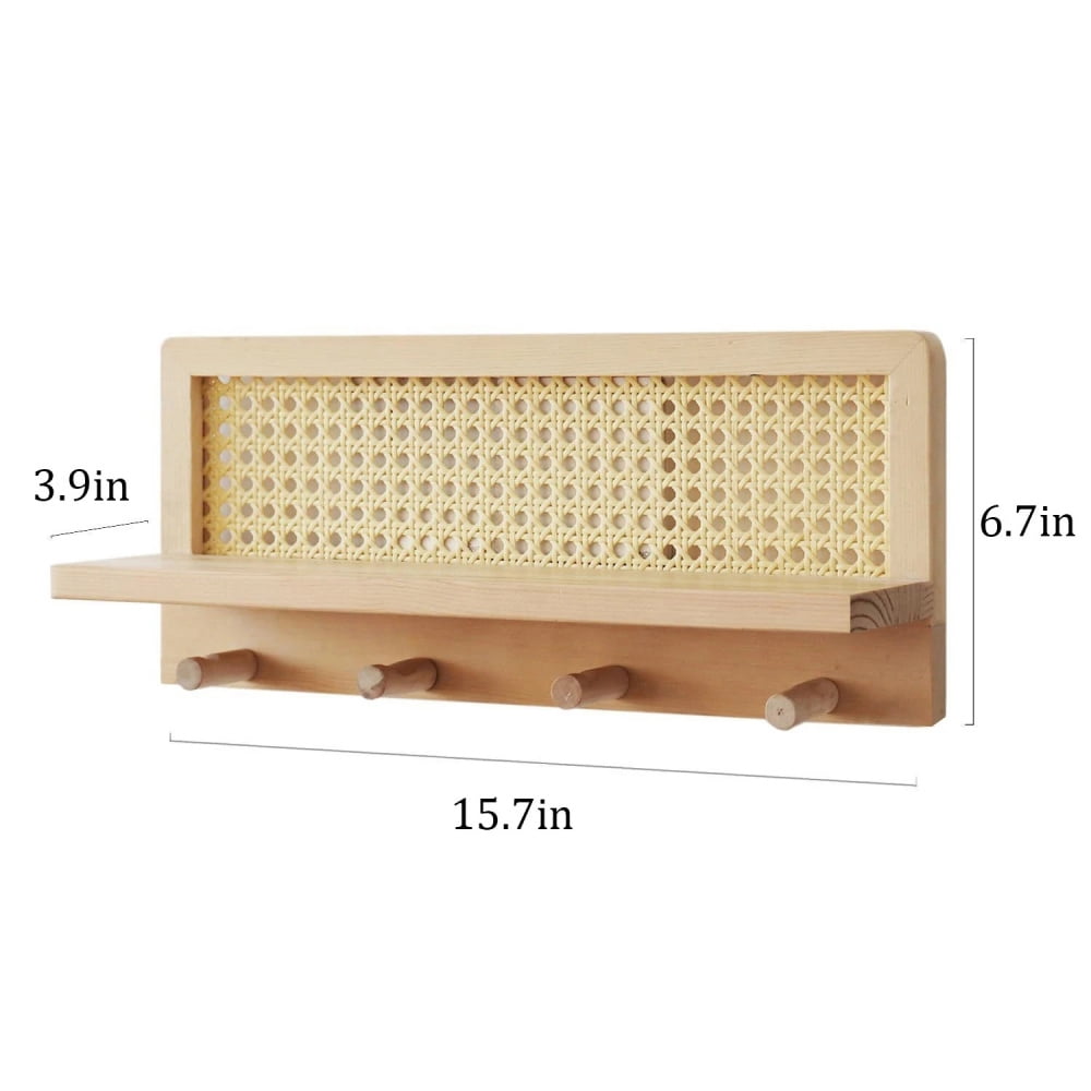 Solid Wood & Rattan Floating Wall Shelves - Ideal for Dorm. Use as key ...