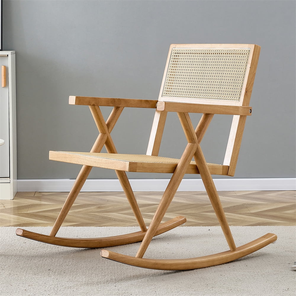 Solid Wood Rattan Rocking Chair, Outdoor Wooden Rocking Chair with Faux ...