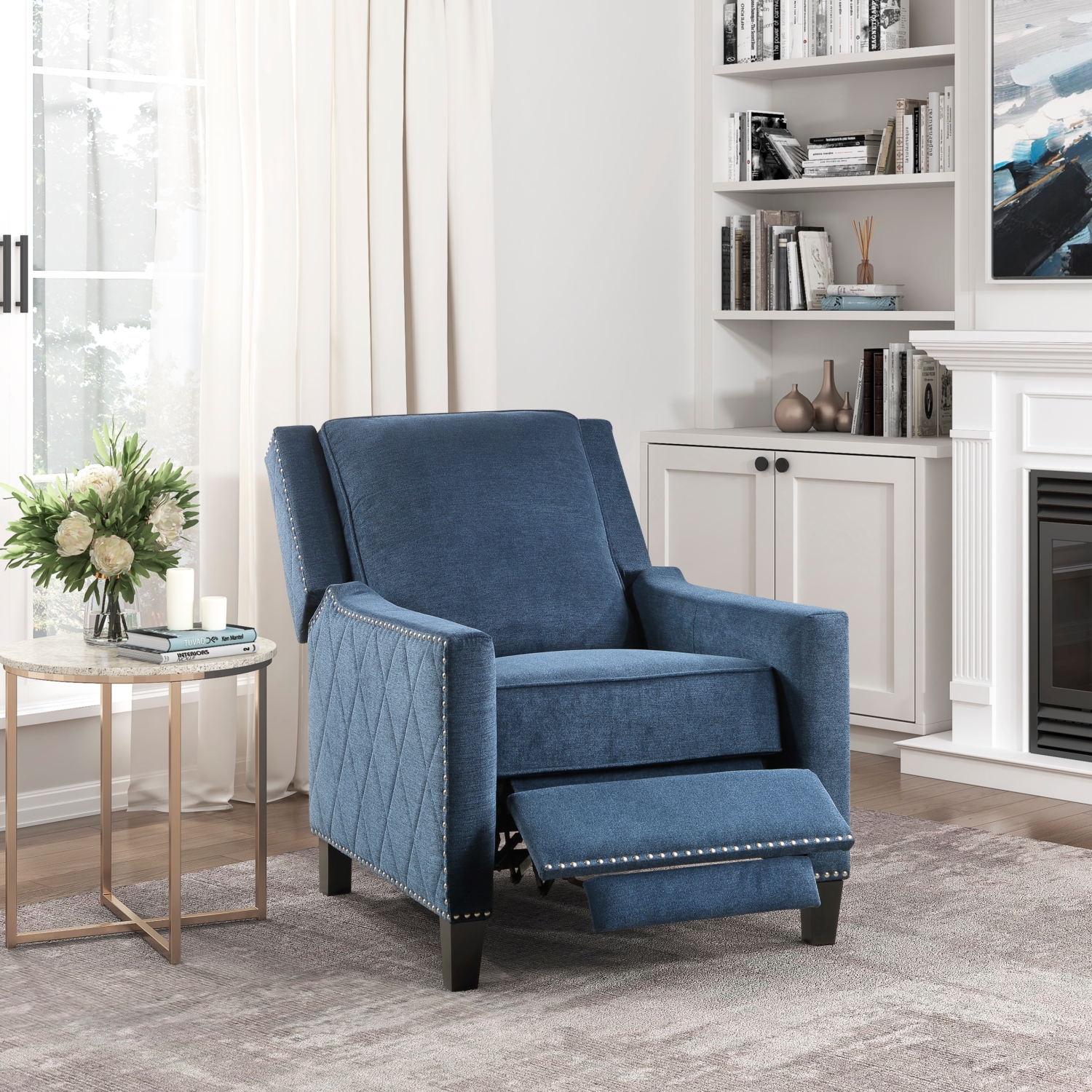 Solid Wood Recliner Fabric Self-Reclining Chair Nailhead Trim Design ...