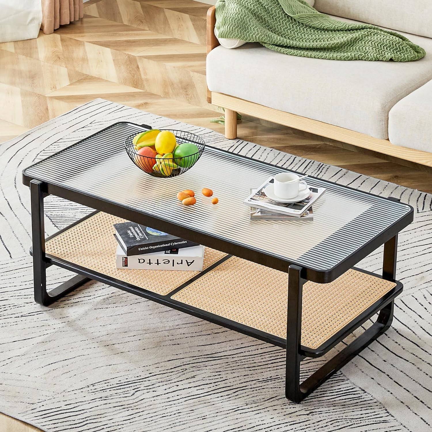 Solid Wood Rectangle Coffee Table with Glass Top,Modern 2-Tier Center ...