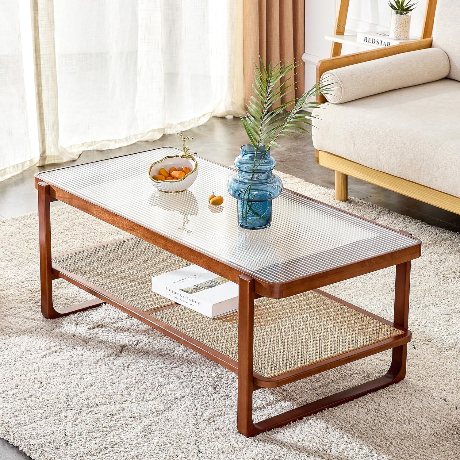 Solid Wood Rectangle Coffee Table with Glass Top,Modern 2-Tier Center ...