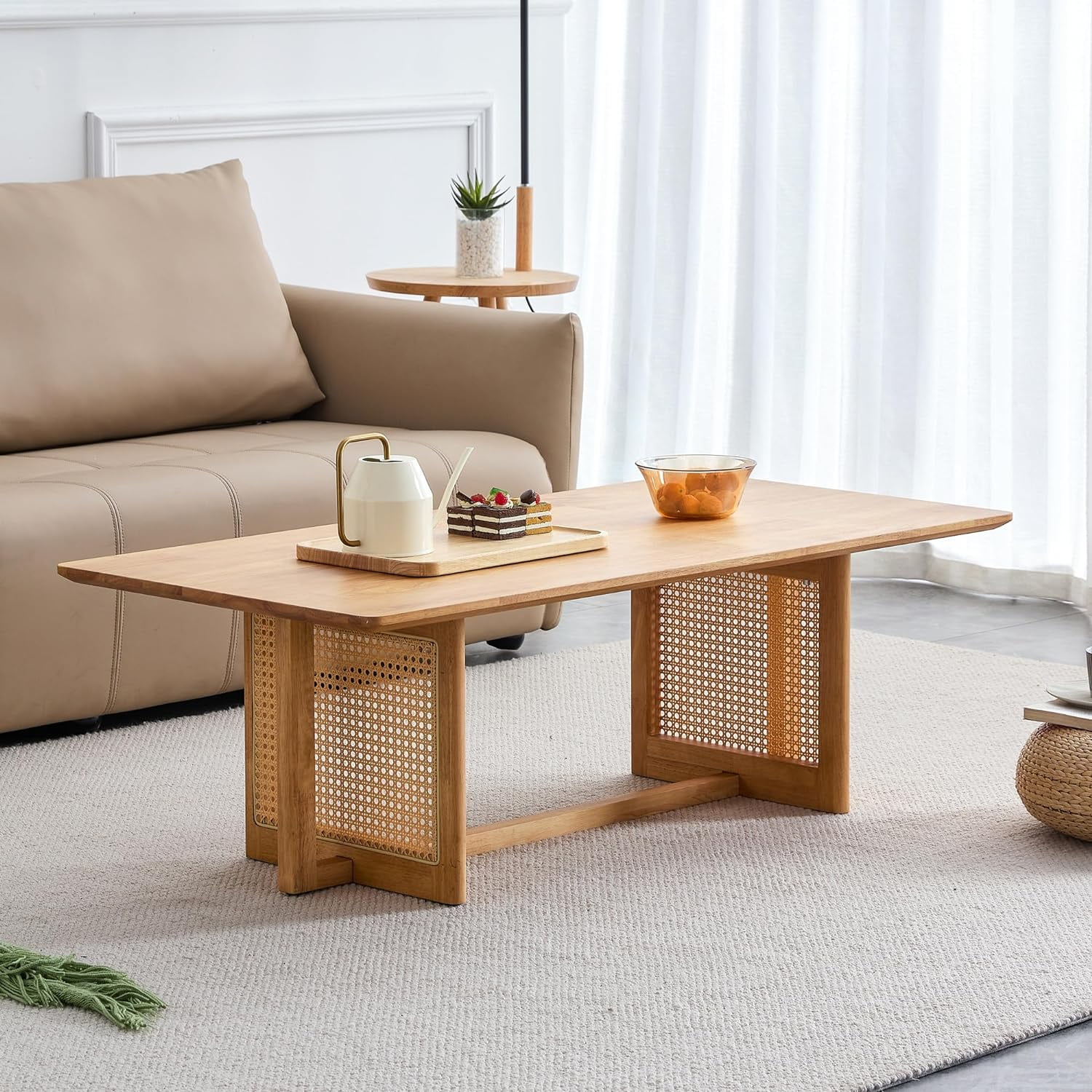 Solid Wood Rectangle Coffee Table with Wooden Top,Modern Center Table ...