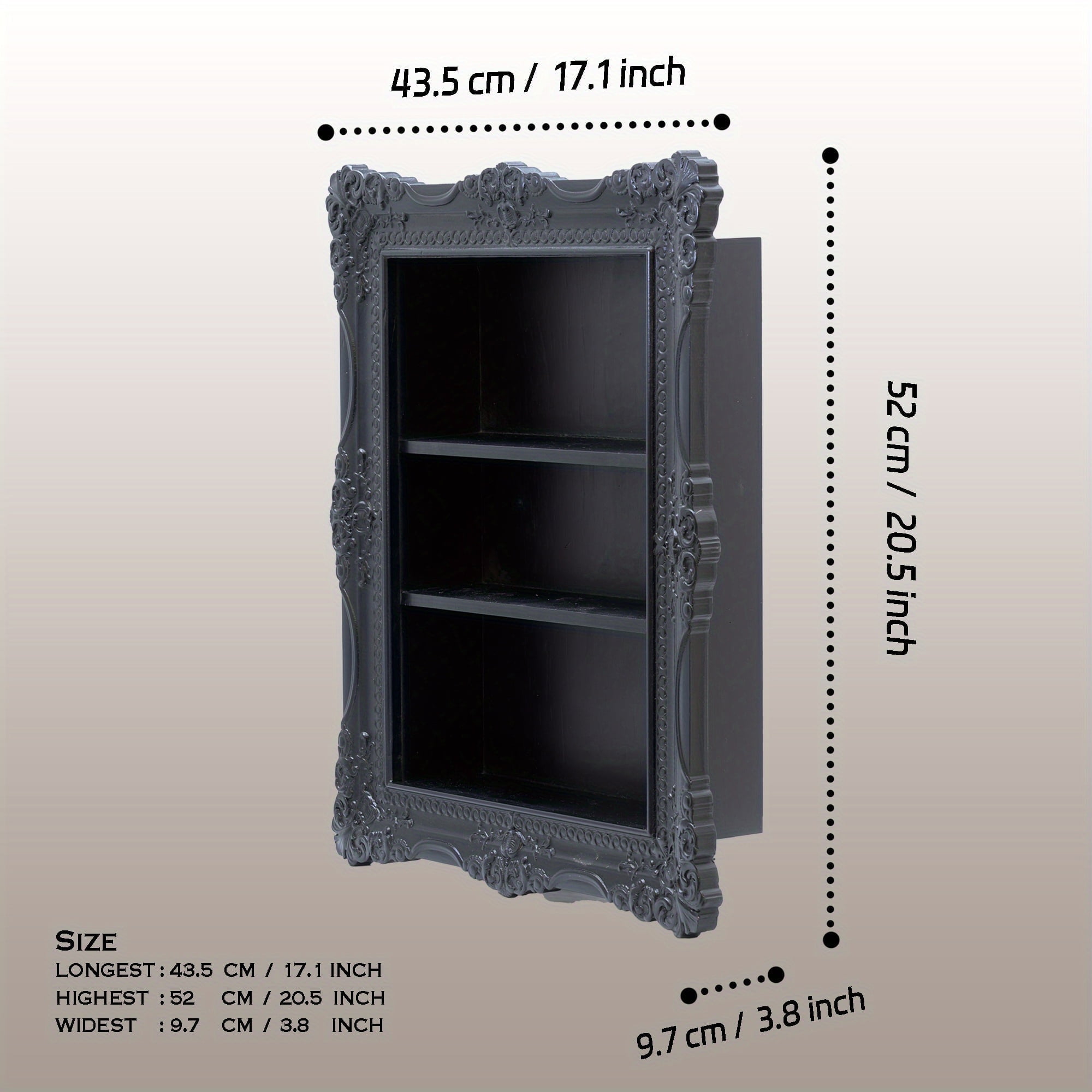 Solid Wood Relief Display Shelf, Vintage Black Carved Storage Rack ...