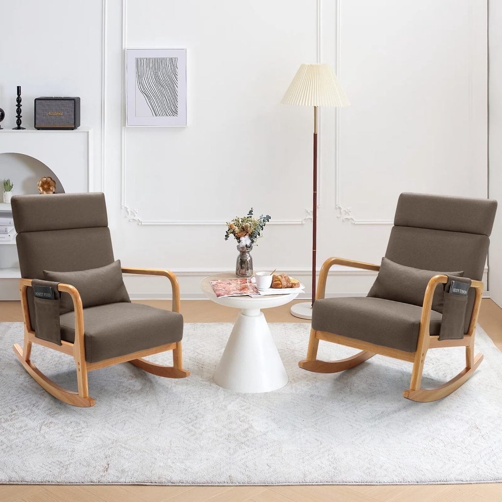 Solid Wood Rocking Chair, Nursery Upholstered Glider Rocker, Rocking ...