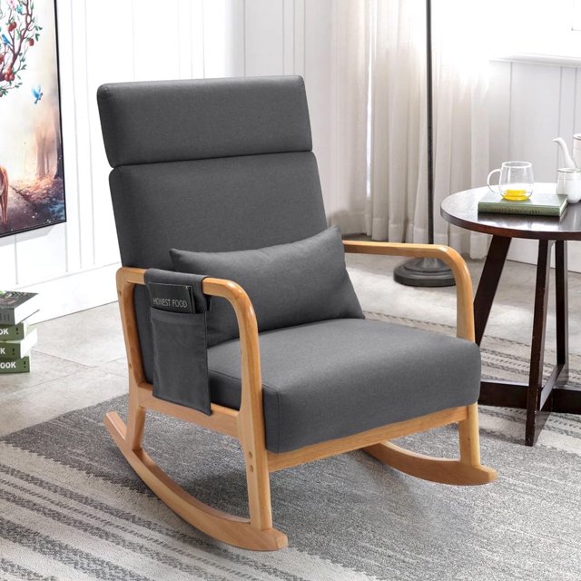 Solid Wood Rocking Chair, Nursery Upholstered Glider Rocker, Rocking ...