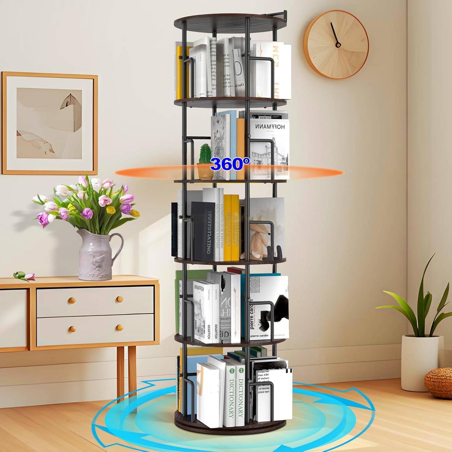 Solid Wood Rotating Bookshelf, 5 Tiers, 360 Degree Rotating Bookshelf ...